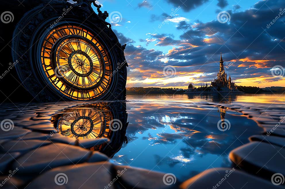 A Giant Clock Face Reflects in a Puddle, with a Distant Cityscape and ...
