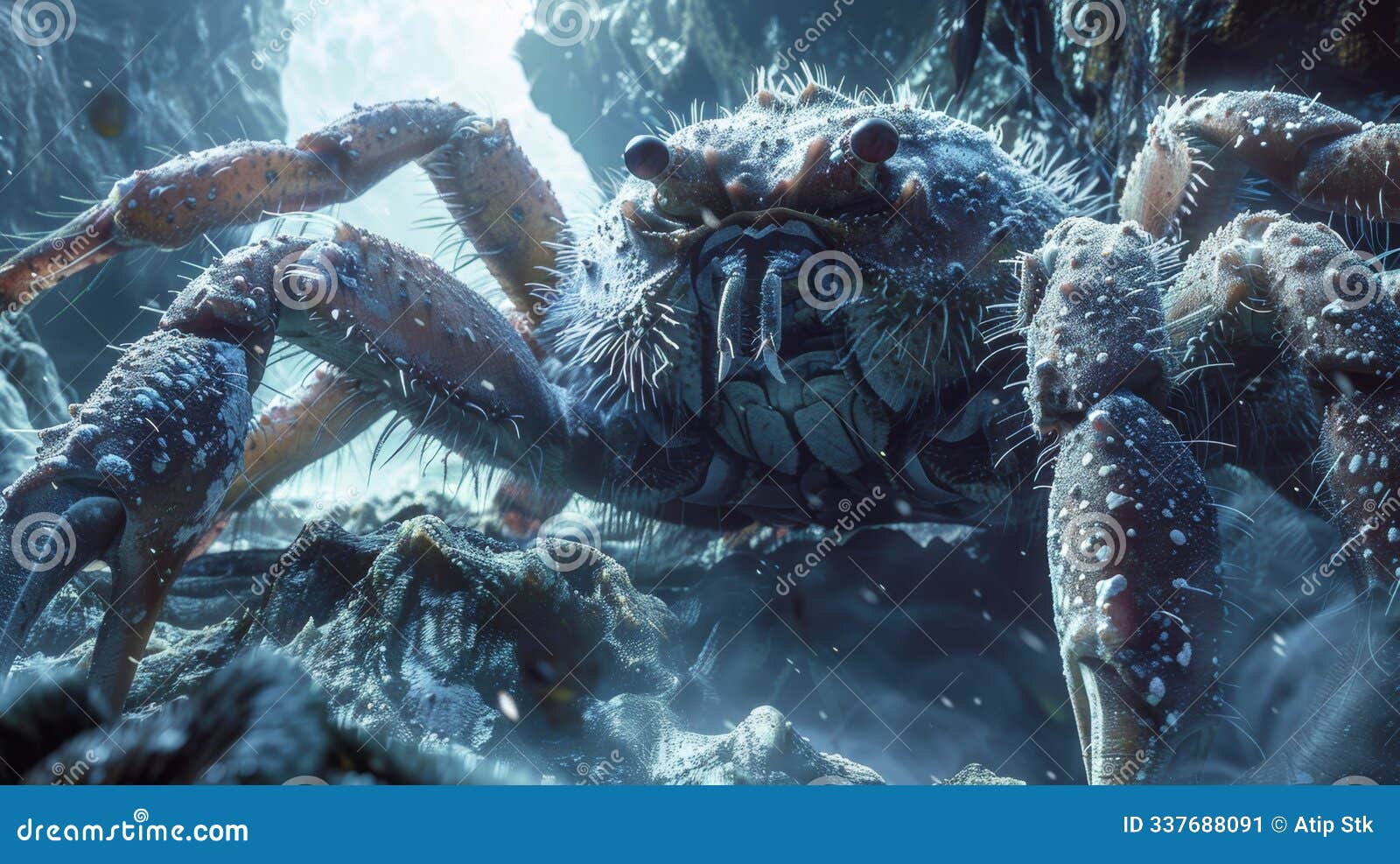 Giant Crab with Sharp Claws in a Dark Underwater Cave Stock Image ...