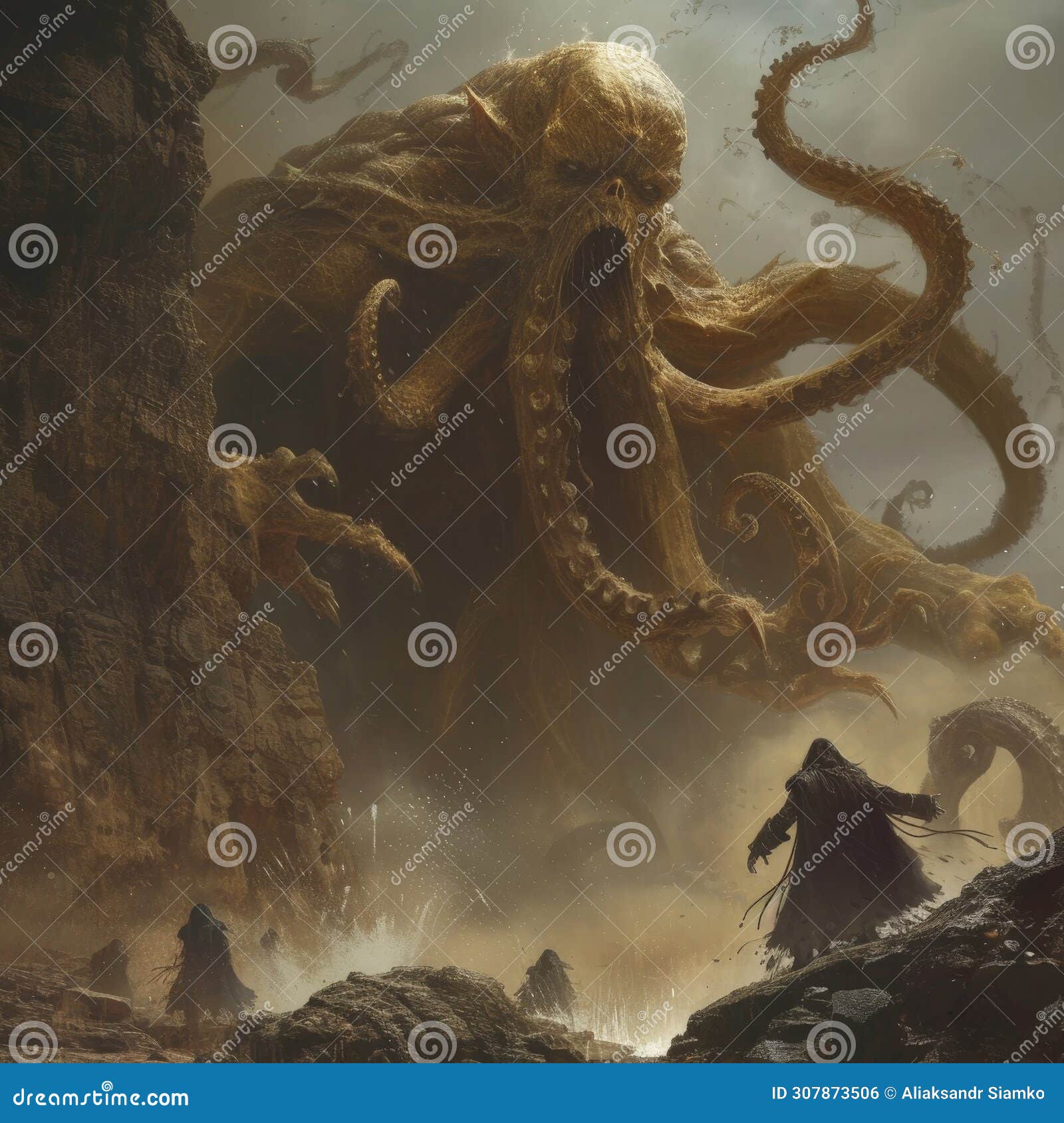 A Giant Creature with Tentacles Coming Out of a Cliff Stock ...
