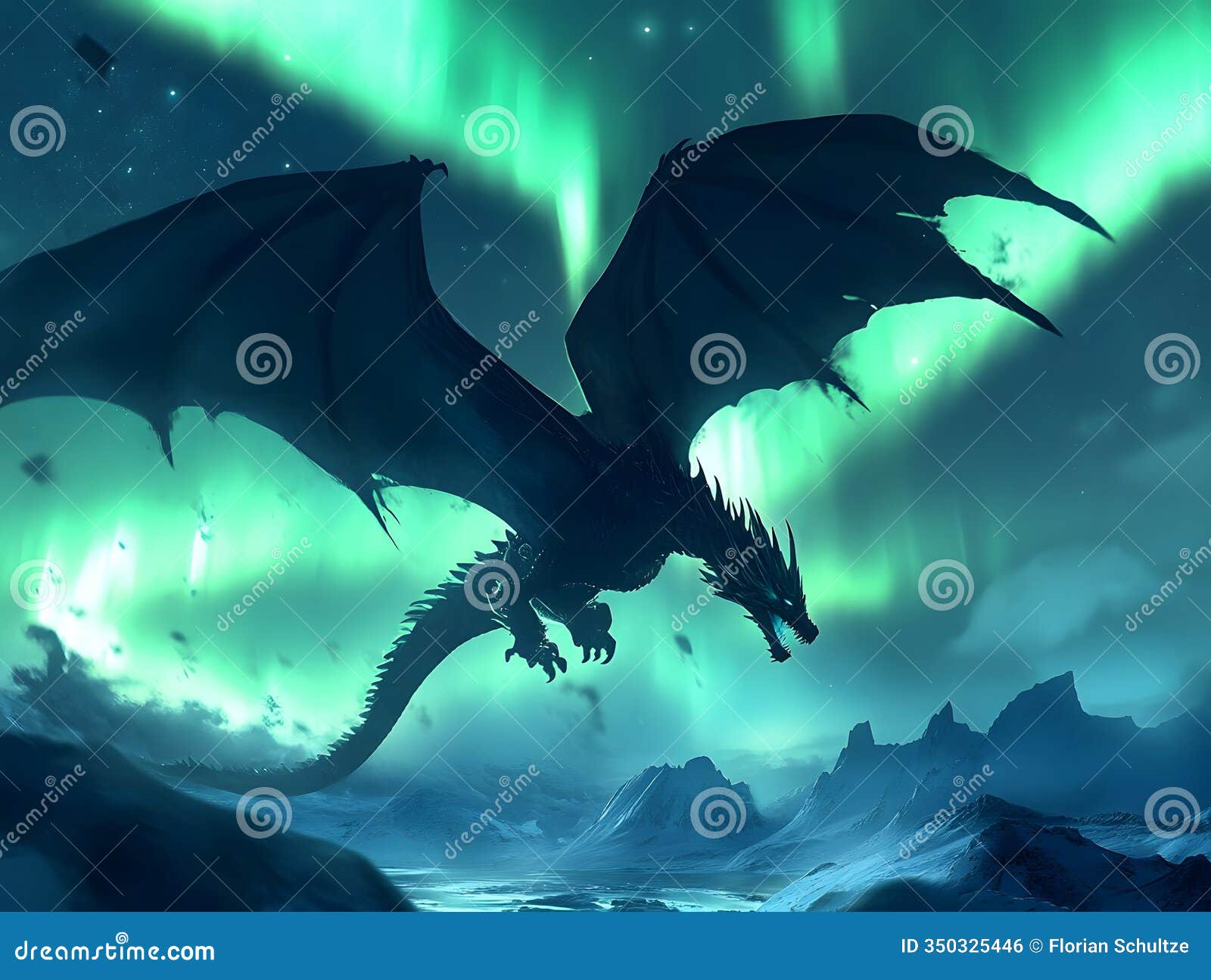 A Giant Dragon Flying Under the Northern Lights Stock Illustration ...
