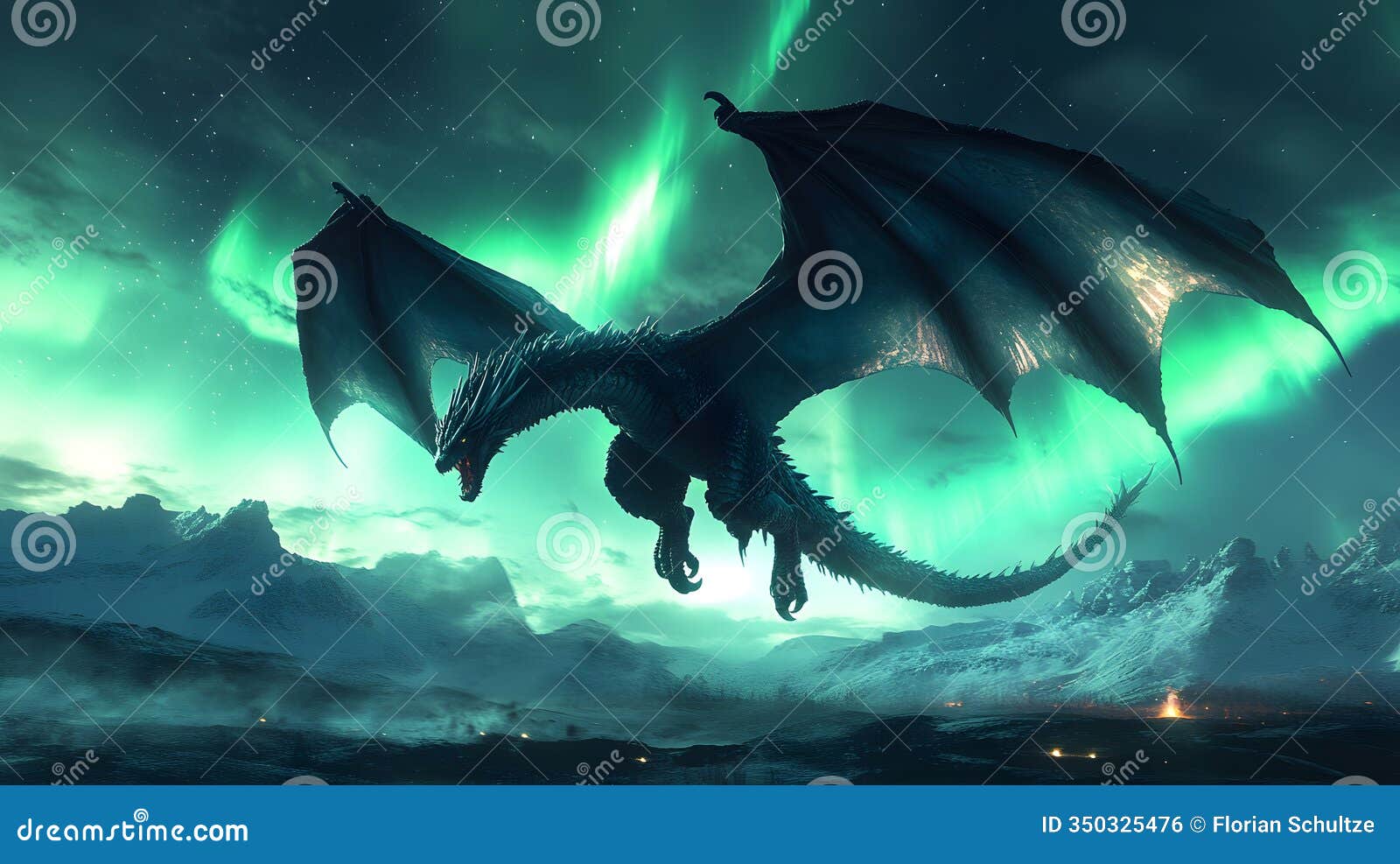 A Giant Dragon Flying Under the Northern Lights Stock Illustration ...