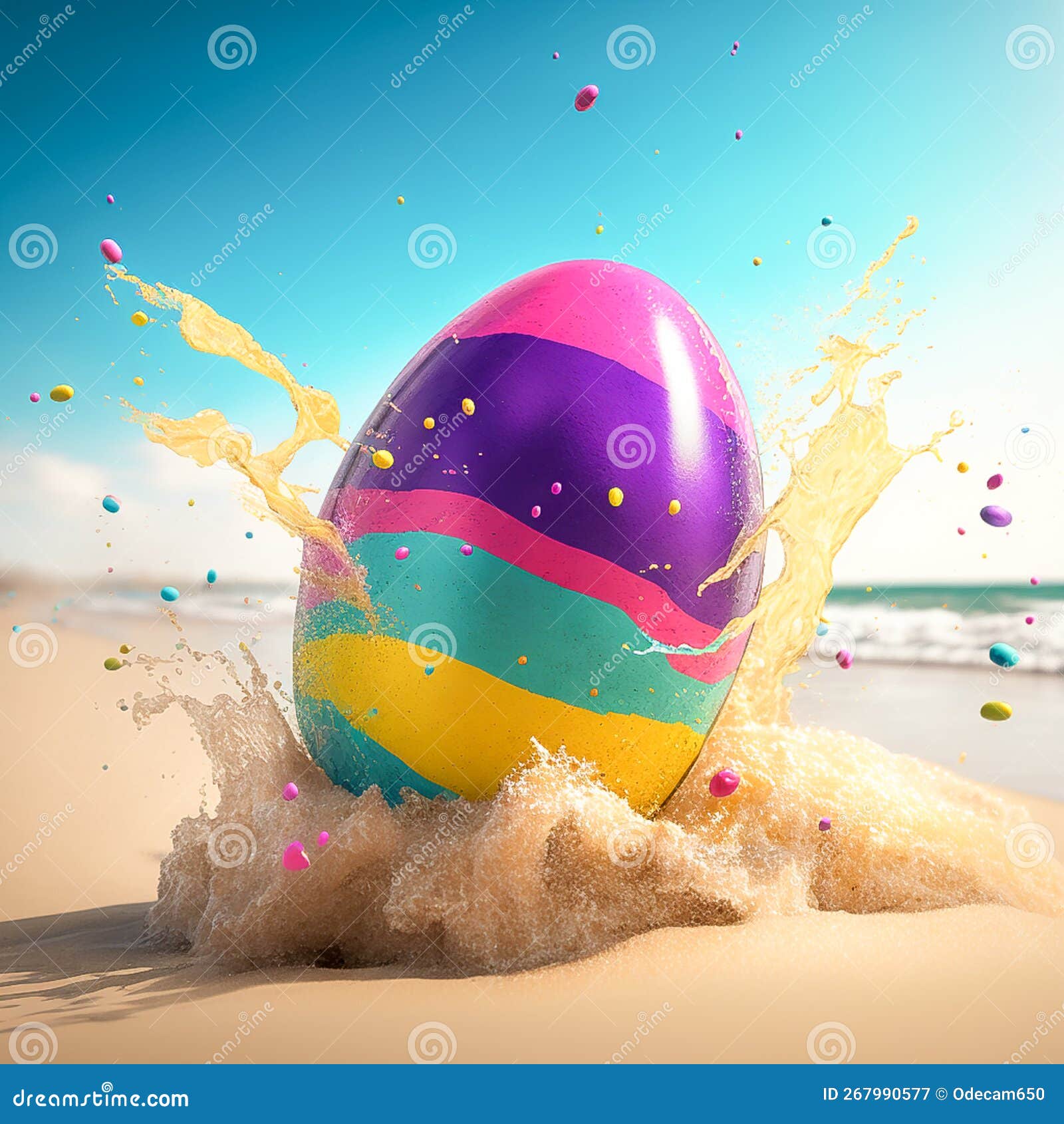 Giant Easter Egg with Splash Effect on the Beach Stock Illustration ...