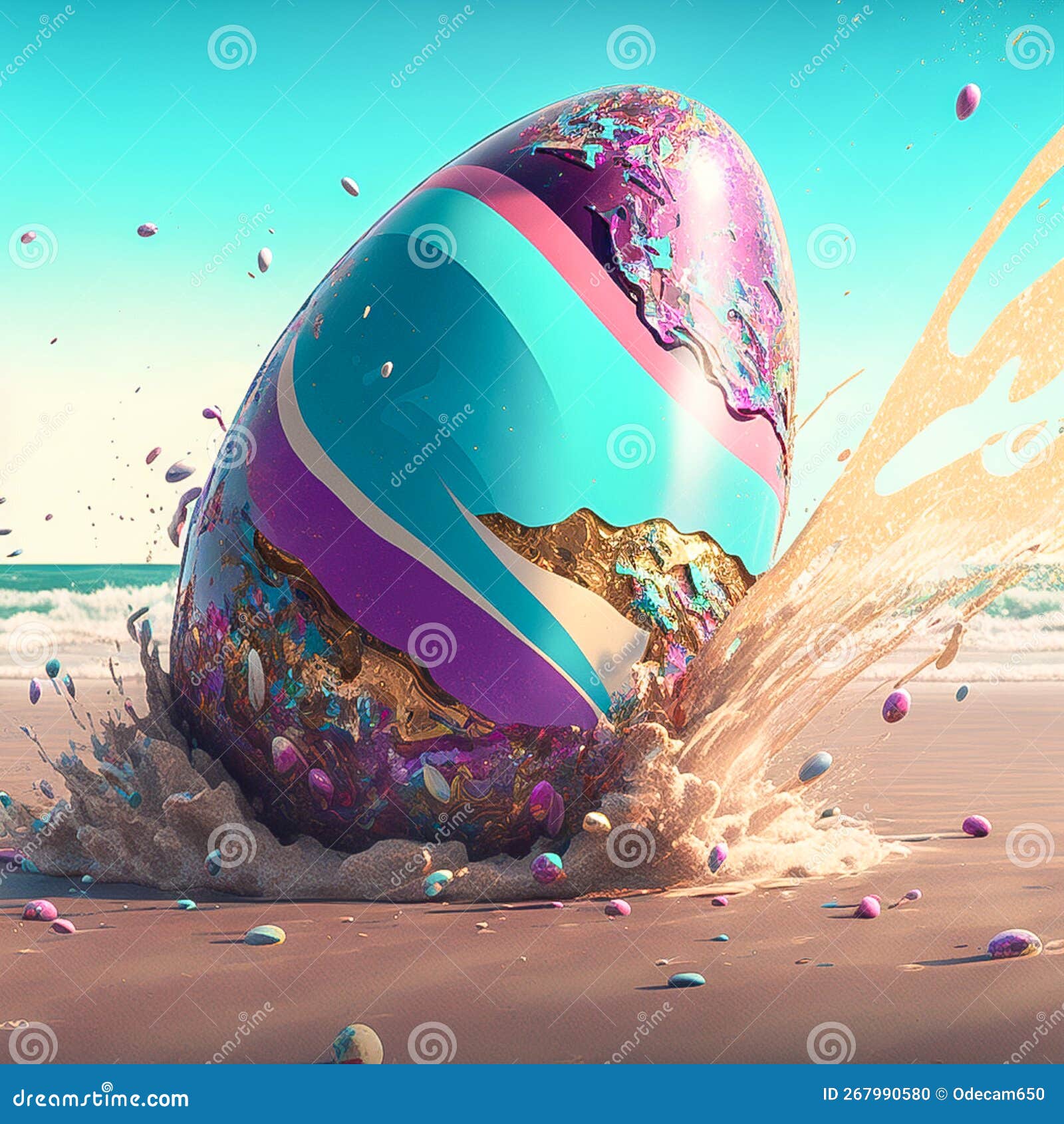 Giant Easter Egg with Splash Effect on the Beach Stock Illustration ...