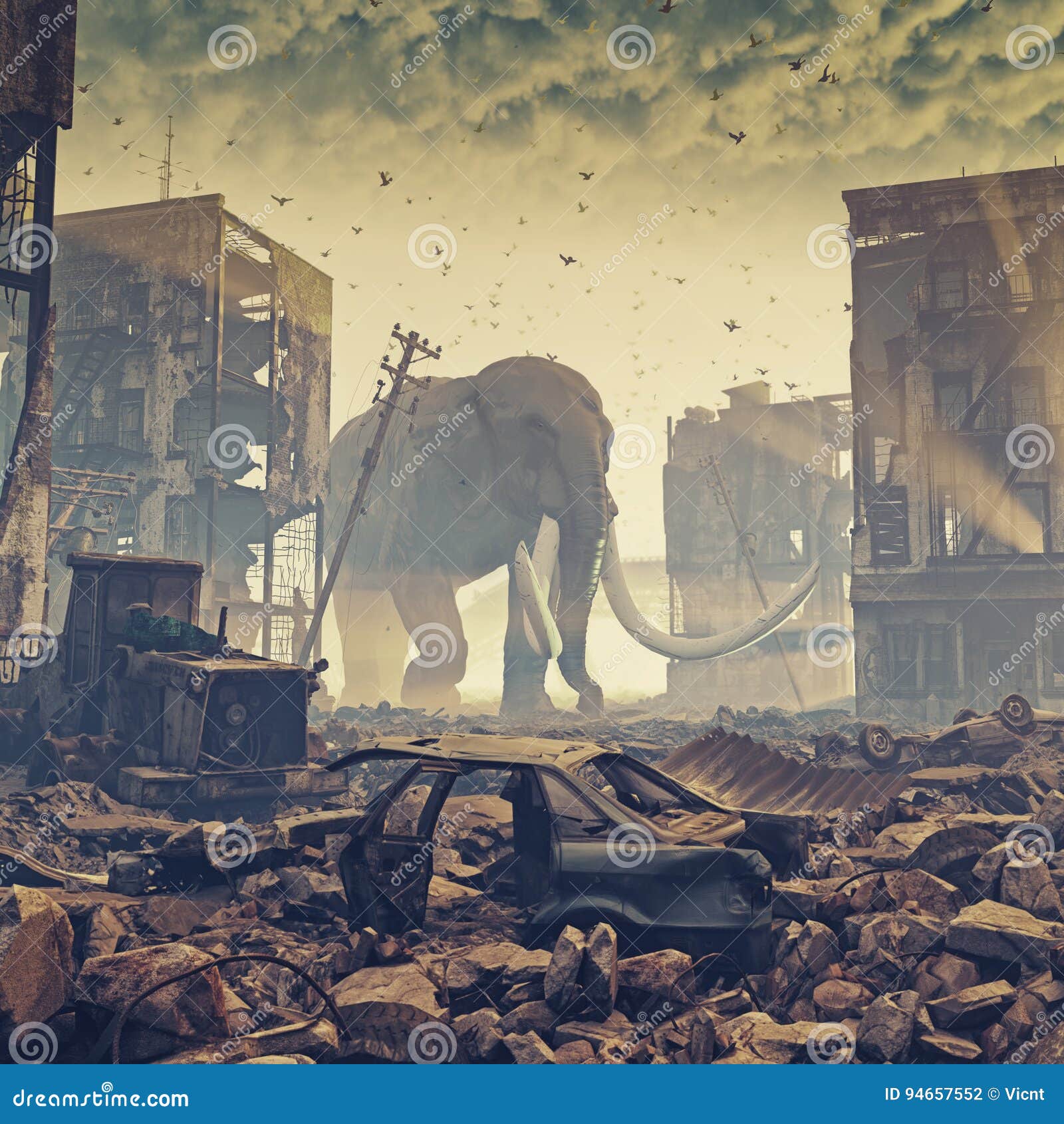 Giant Elephant in Destroyed City Stock Illustration - Illustration of ...