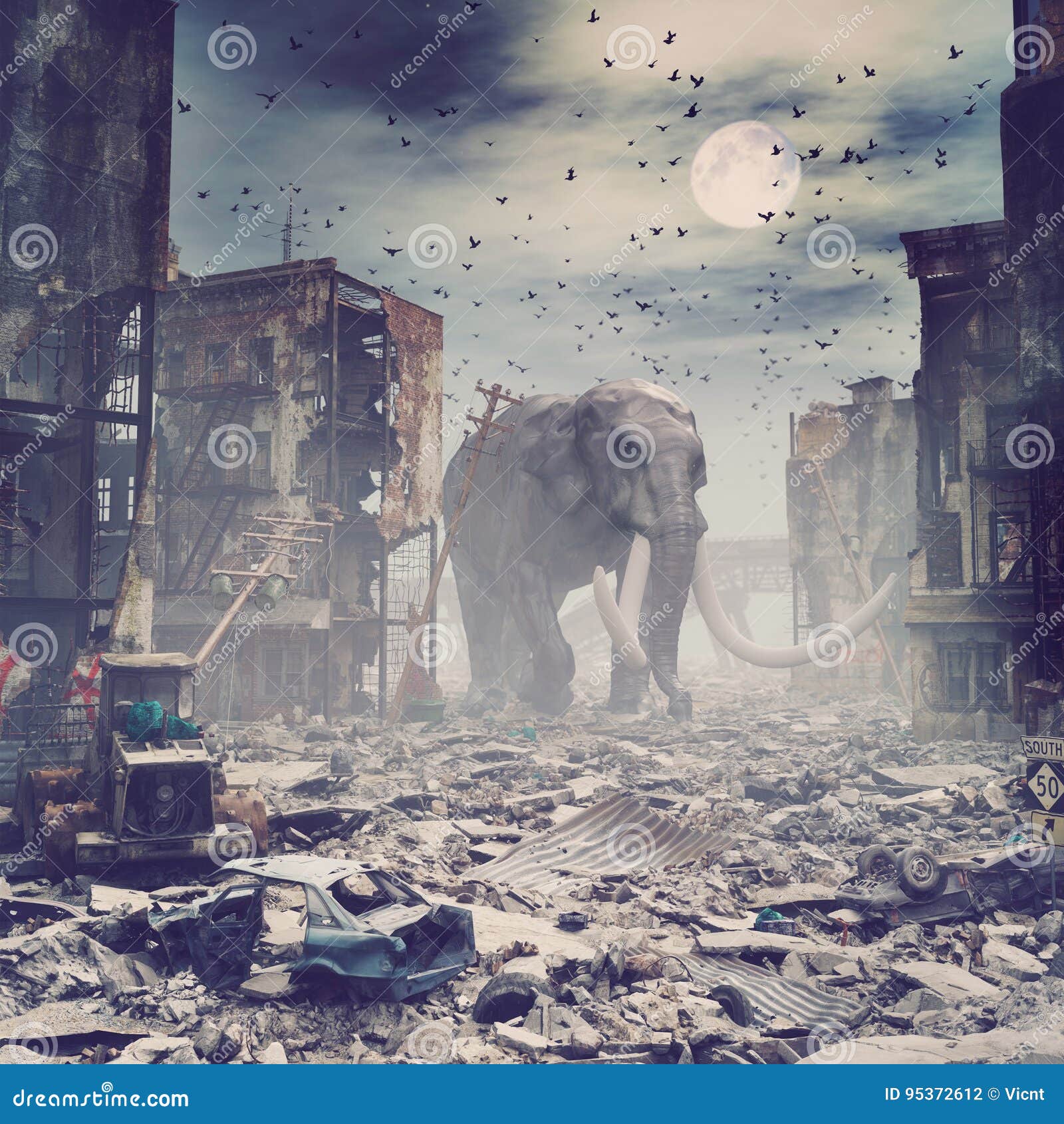 Giant Elephant in Destroyed City Stock Illustration - Illustration of ...