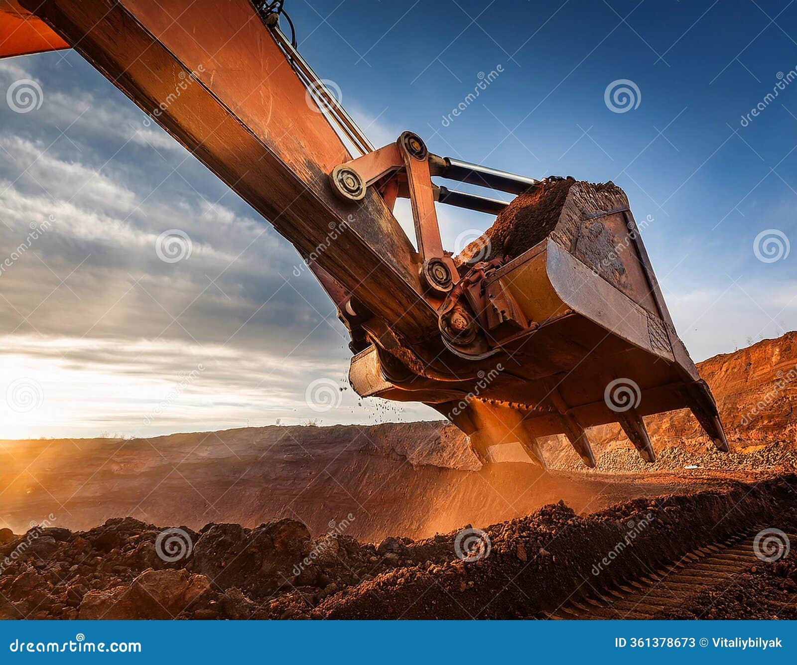 A Giant Excavator Bucket Scooping Up Large Amounts Of Earth Royalty ...