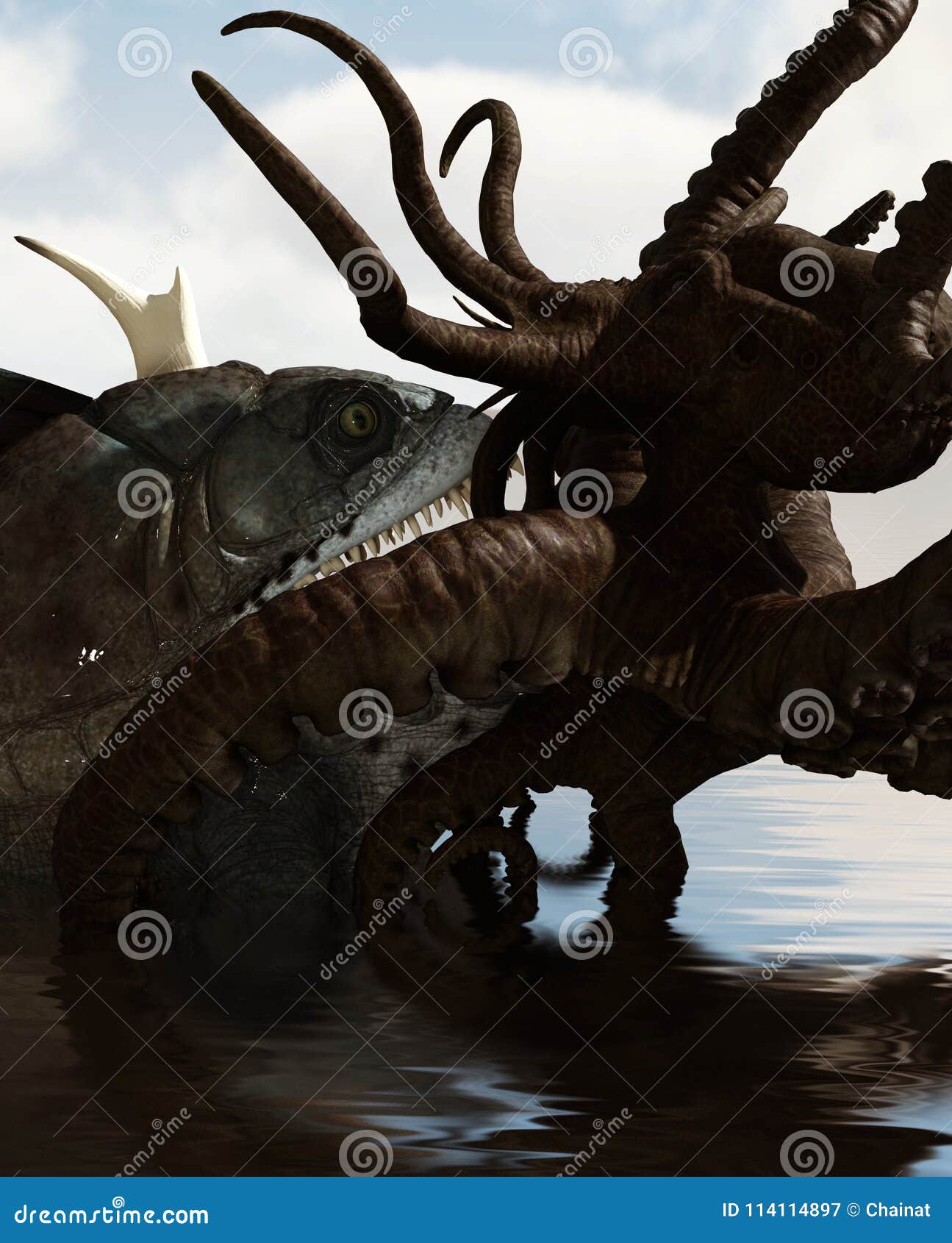 Giant fish vs Octopus stock illustration. Illustration of seaside ...