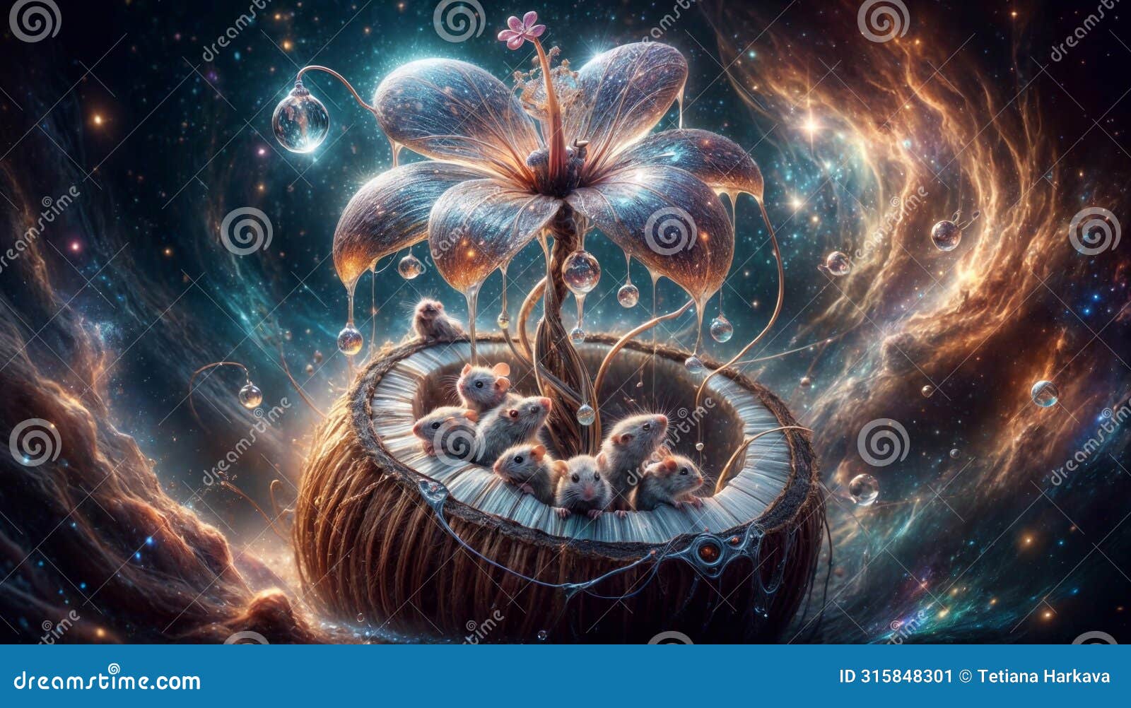 Giant Flower Floating in Space with Tiny Mice Nesting Inside ...