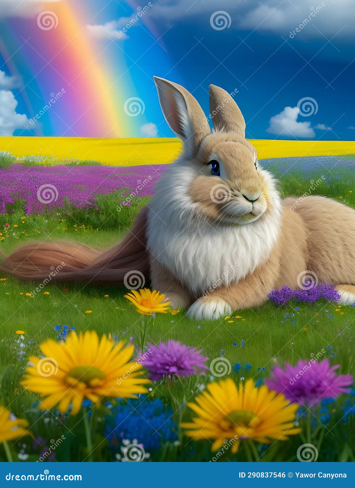 A Giant, Fluffy Rabbit With A Rainbow-colored Mane, Lounging In A ...