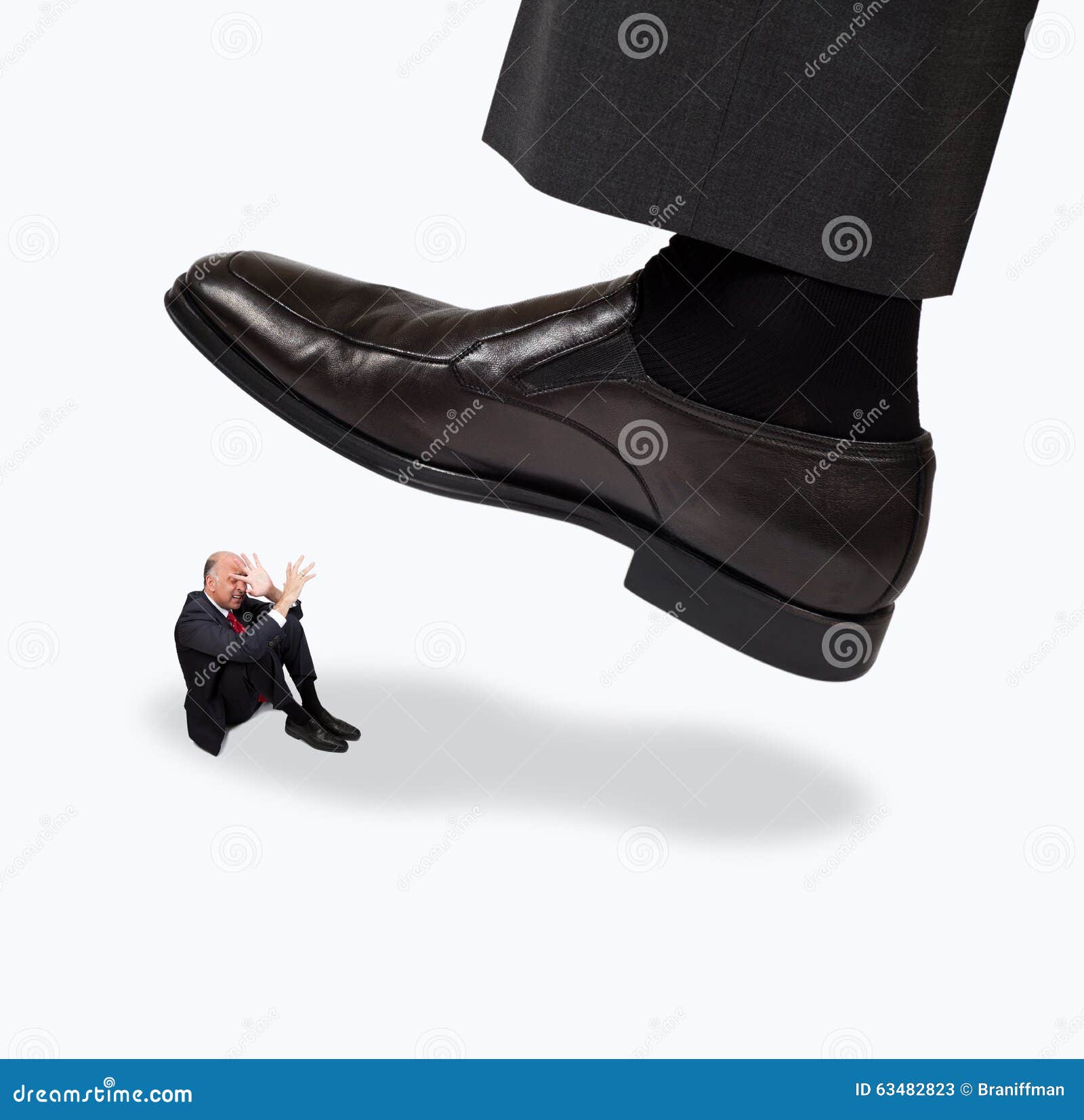 Giant Foot In Black Shoe Kicking Little Businessmen Off The Edge, And ...