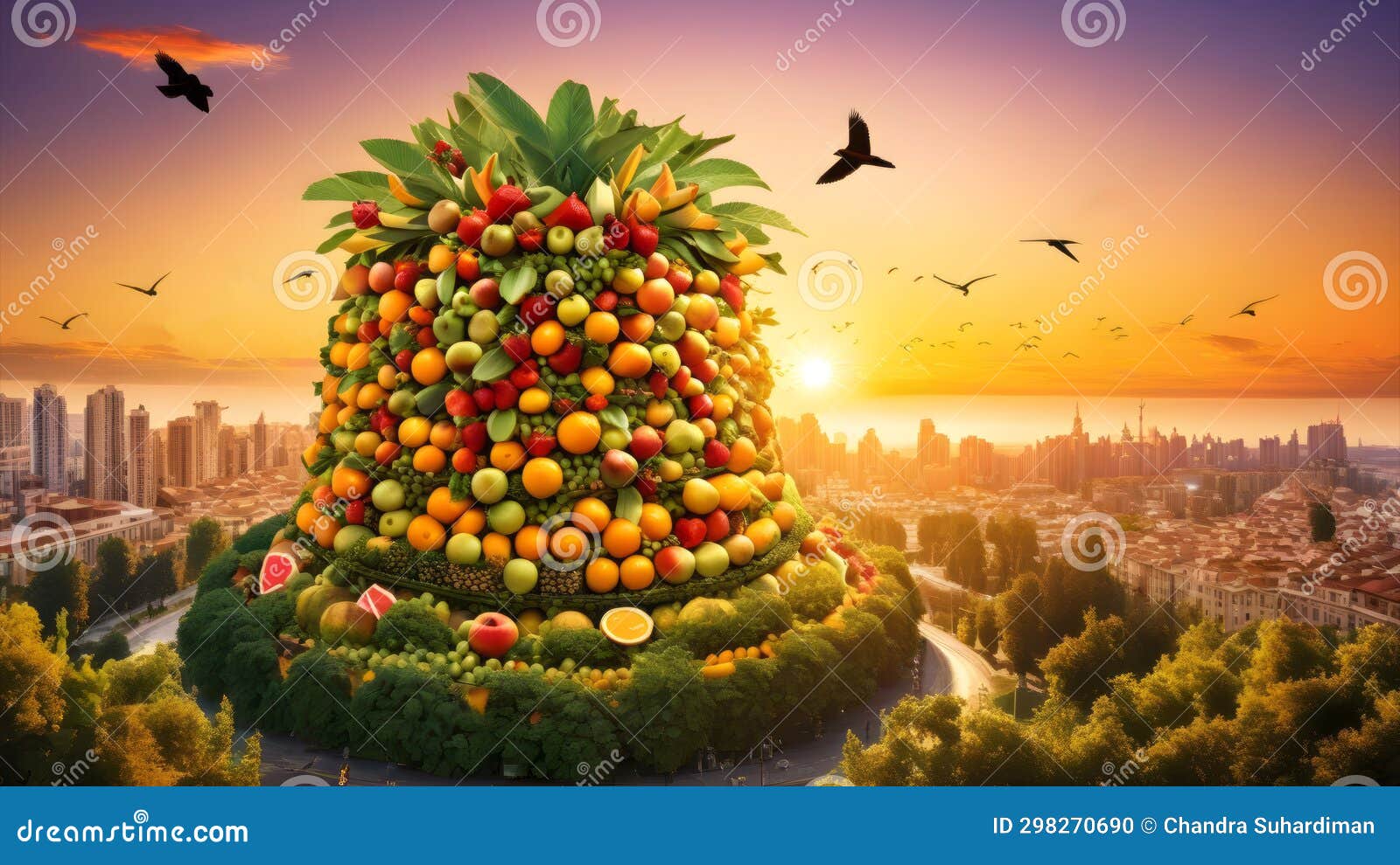 Giant Fruit Monument in a Coastal City. Cornucopia Stock Illustration ...