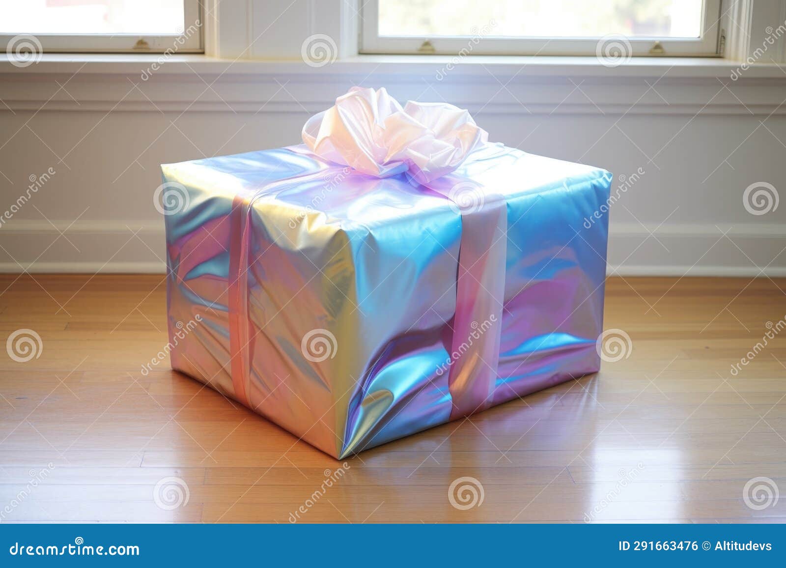A Giant Gift Box with Iridescent Wrapping Paper Stock Photo - Image of ...