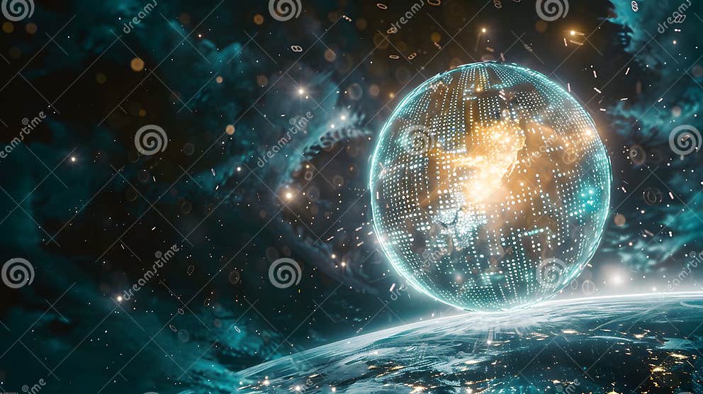 Giant Glowing Sphere Made of Binary Code Floating Stock Illustration ...