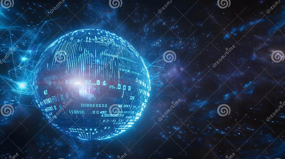 Giant Glowing Sphere Made of Binary Code Floating Stock Illustration ...