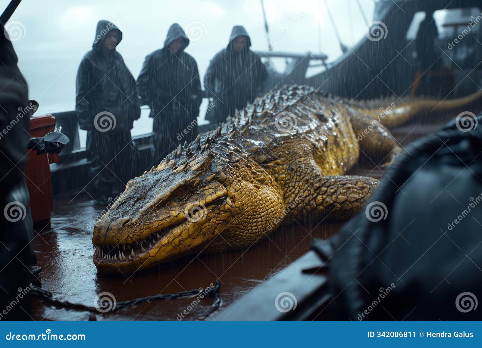 Giant Golden Crocodile Captured on a Ship S Deck in the Rain. a ...