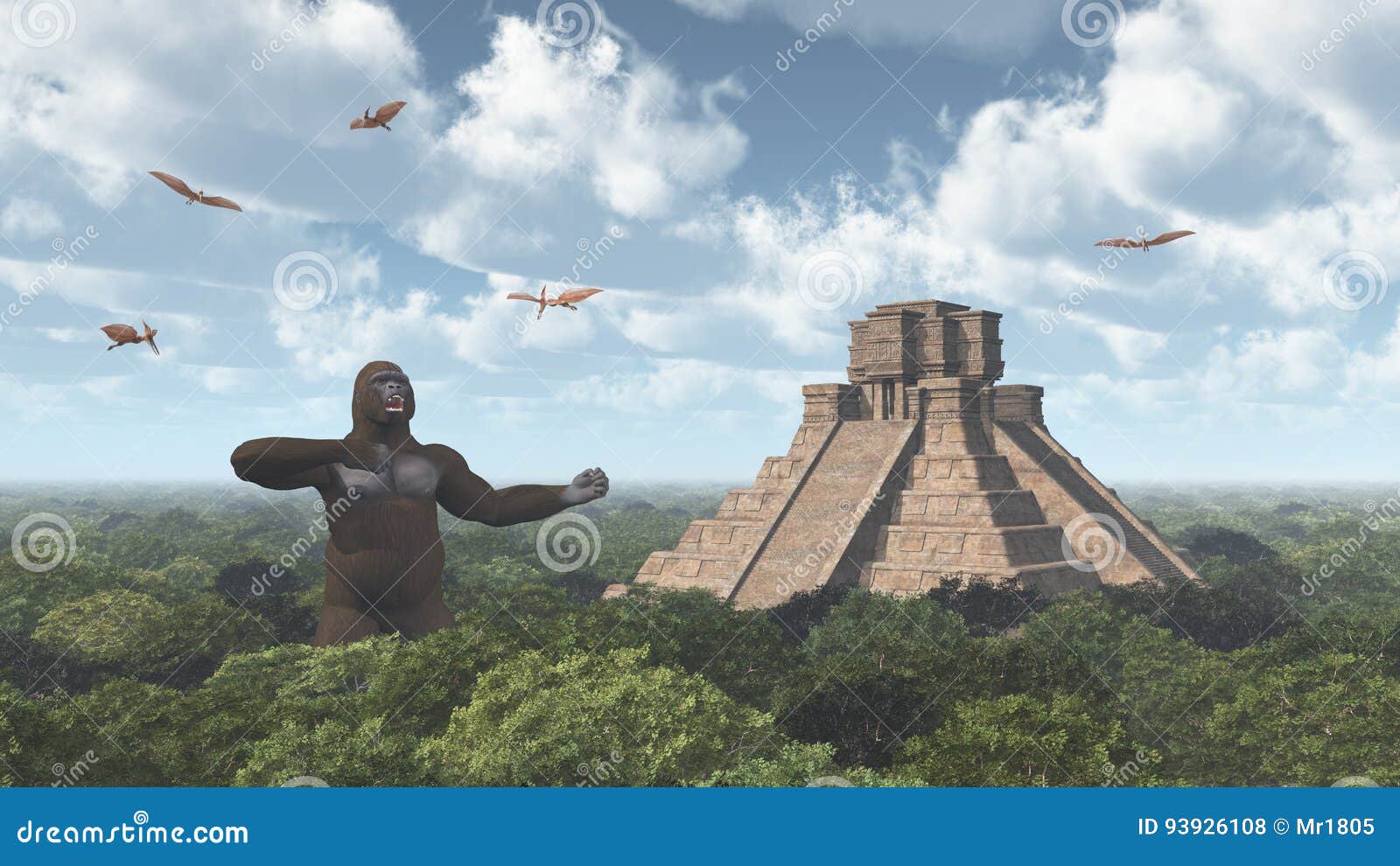 Giant Gorilla, Pterodactylus and Mayan Temple Stock Illustration ...