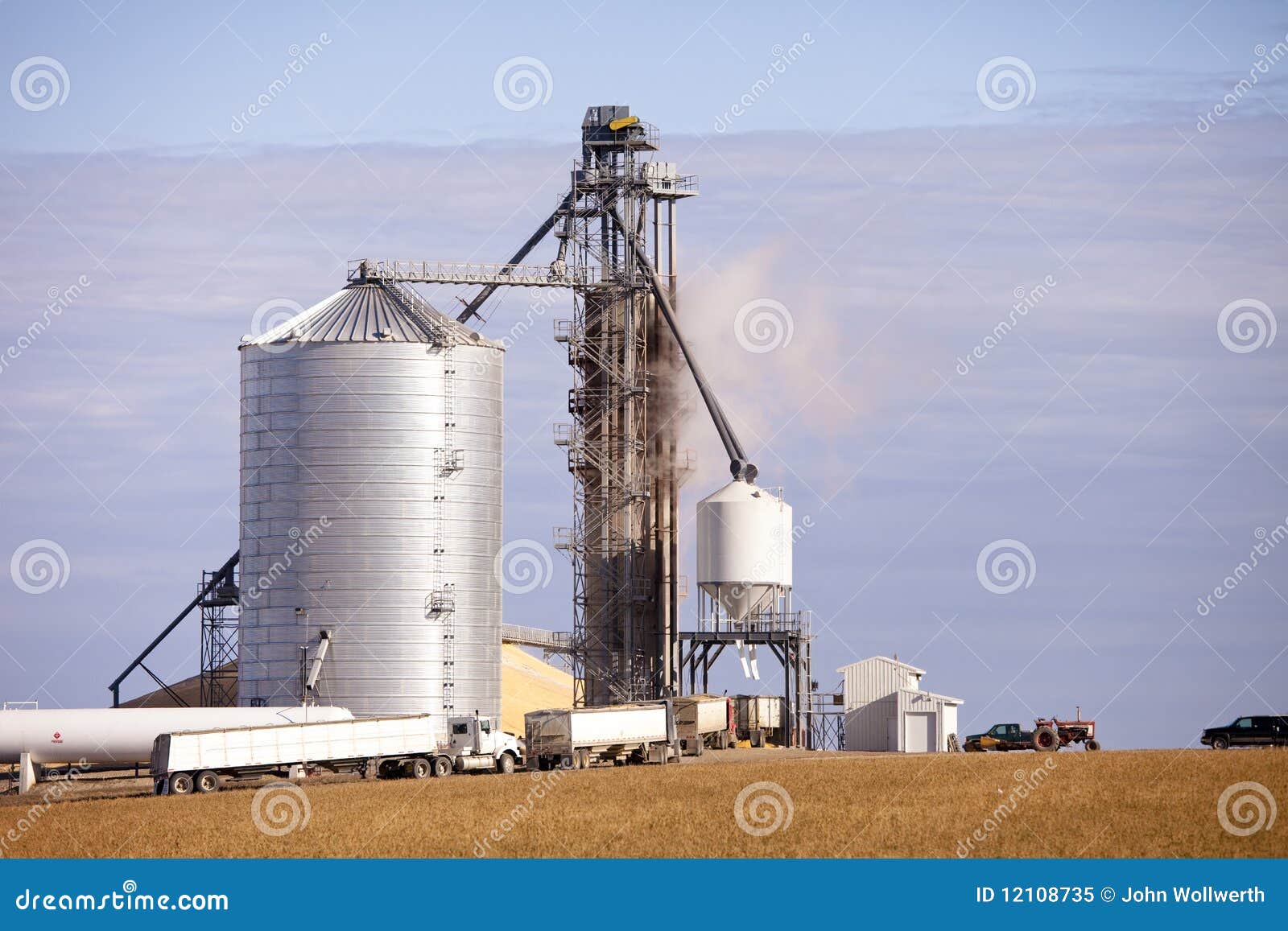 Grain Dryer Plant Working At Night. Floating Steam Around. Agro Farm ...