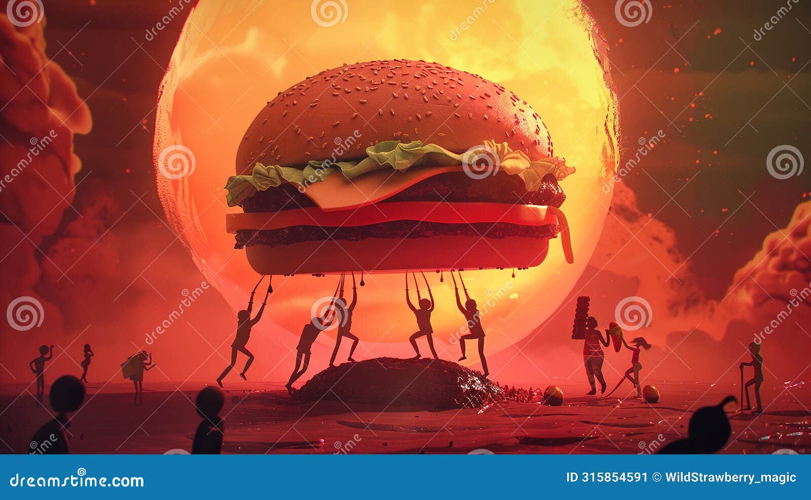 Giant Hamburger In A Dystopian Setting With Human Figures. Royalty-Free ...