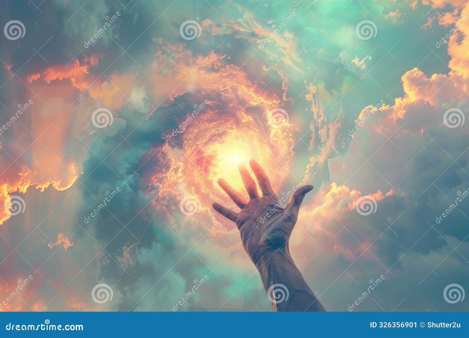 A Giant Hand Reaching Out of a Portal in the Sky Stock Image - Image of ...