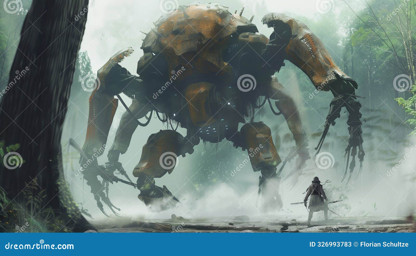 Giant Mech Battling a Colossal Monster Stock Illustration ...
