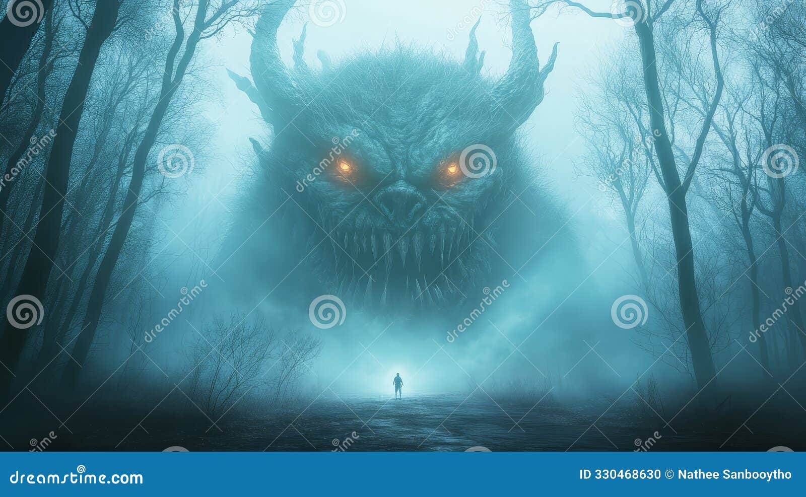 Giant Menacing Monster in Misty Forest at Night Stock Illustration ...