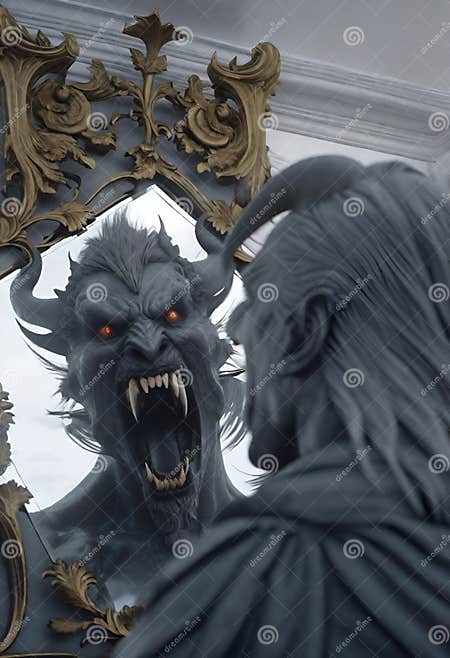 A Giant Mirror with a Demon Looking in it S Reflection Stock ...