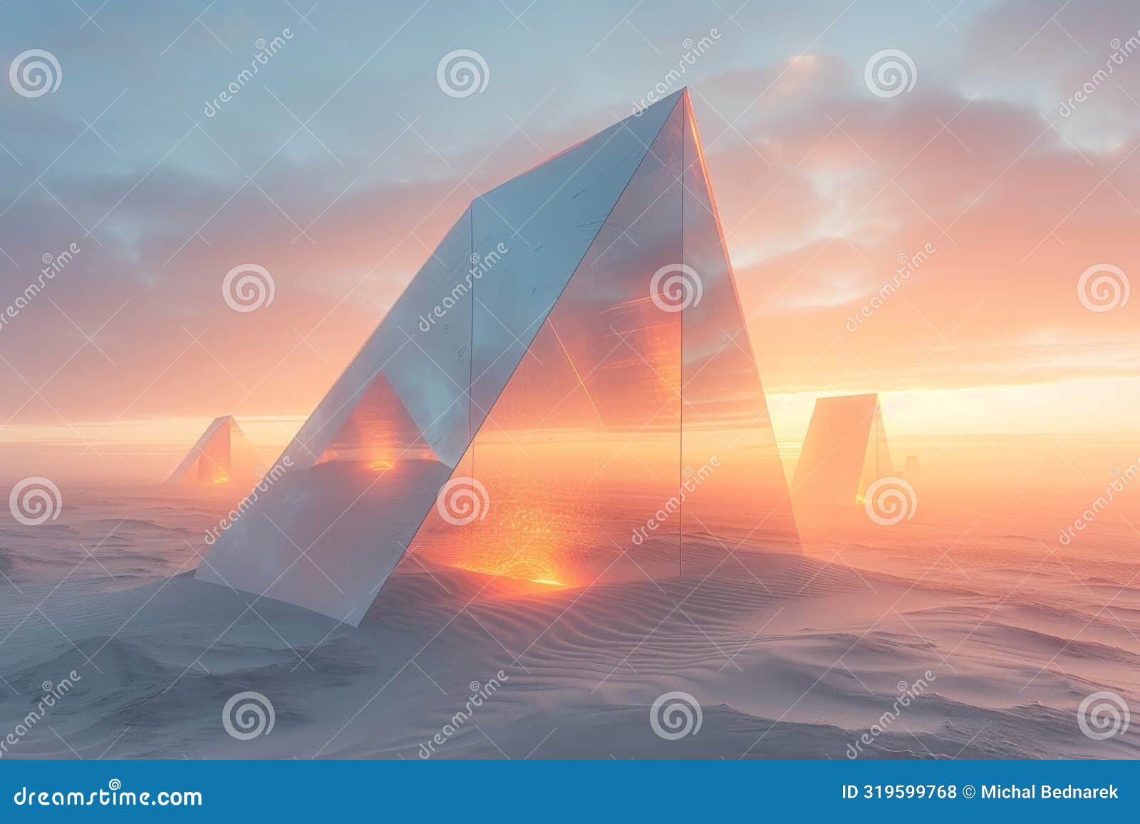 Giant Mirror Triangle Structures In Desert Sunrise Stock Photo ...