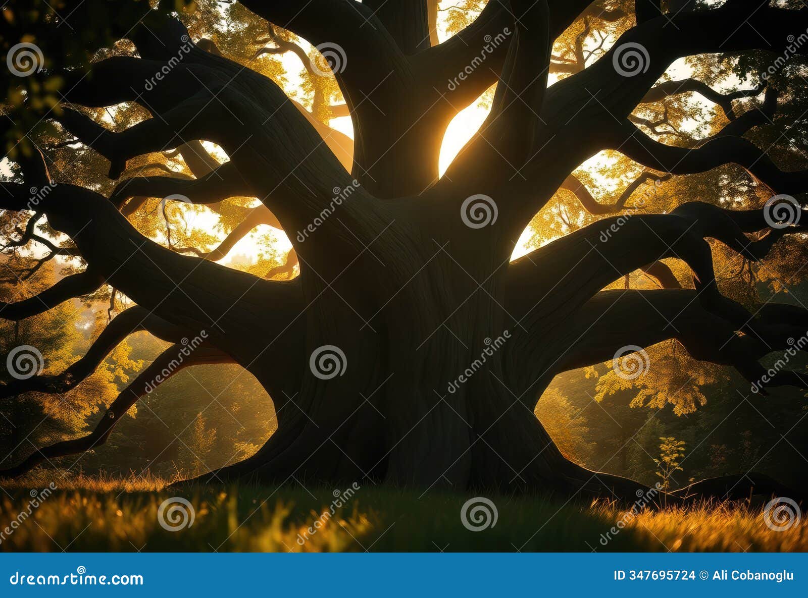 A Giant Mystical Tree with Sunrise Light Stock Photo - Image of ...