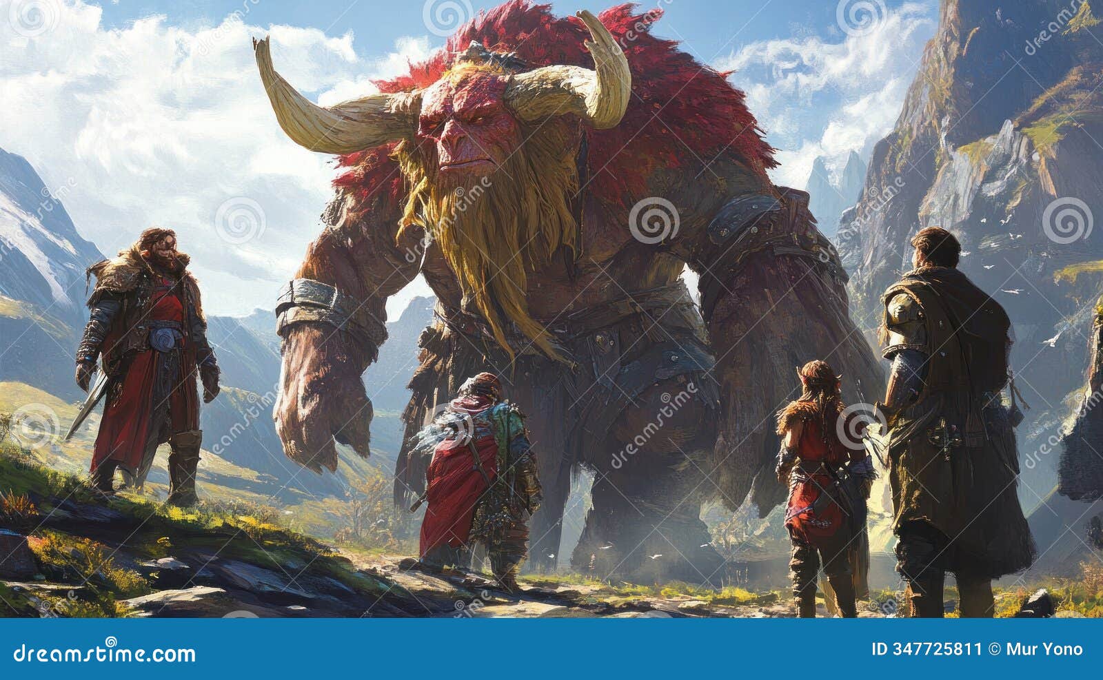 Giant Mythical Beast Confronts Adventurers in Mountainous Landscape ...