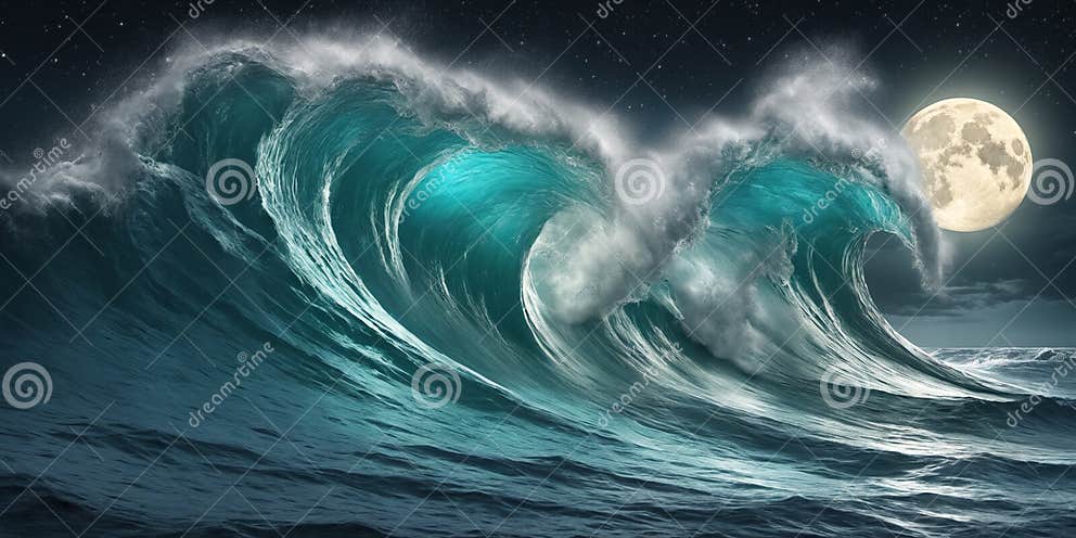 Giant Ocean Surf Wave at Night Stock Illustration - Illustration of ...