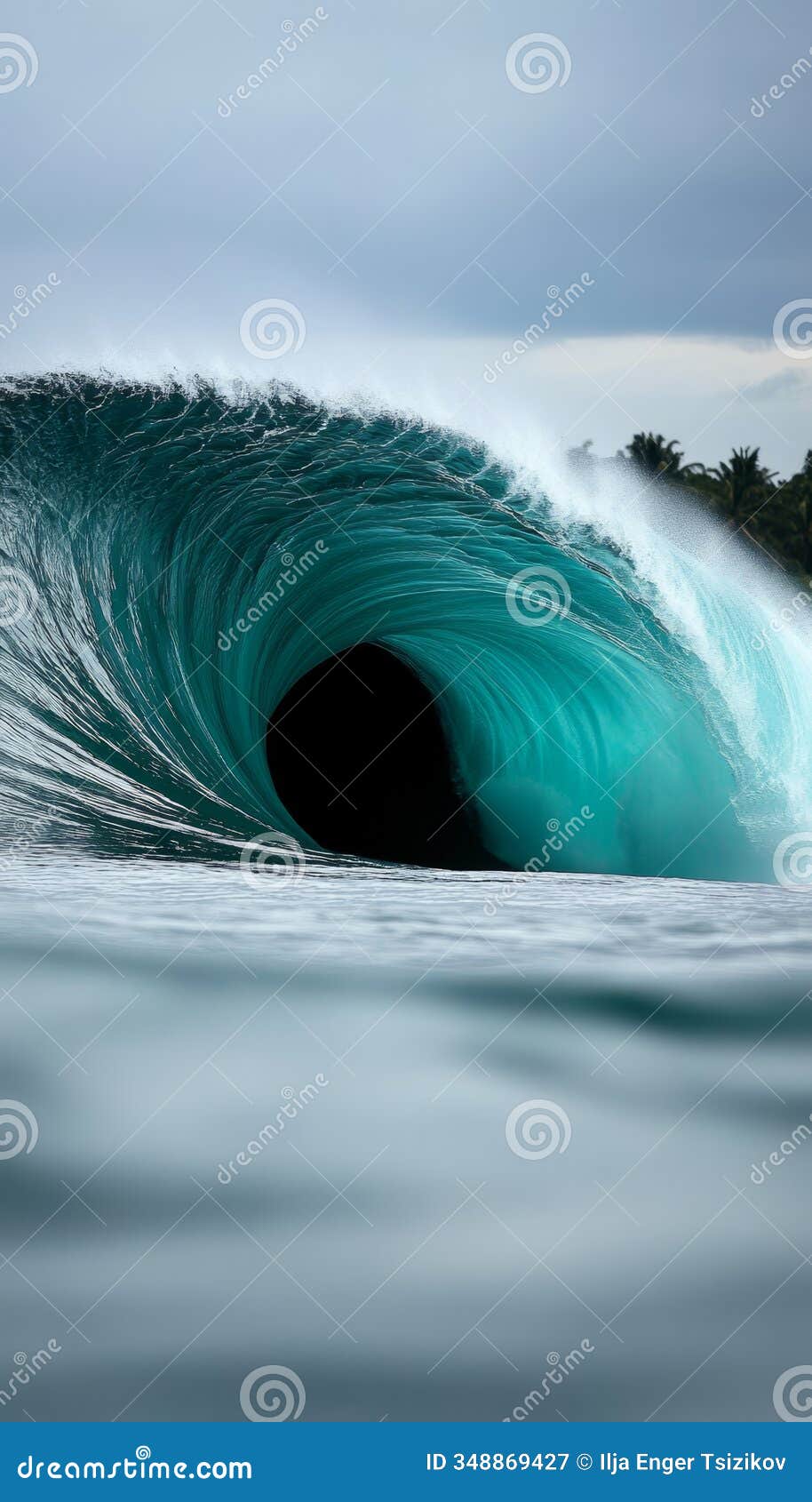Giant Ocean Wave Breaking with Turquoise Barrel and Black Empty Core ...