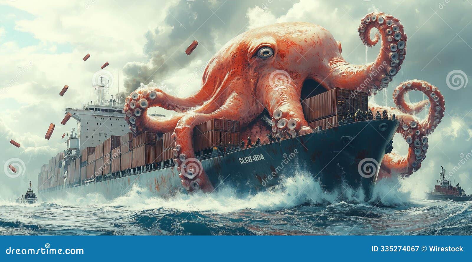 Giant Octopus Attacking a Container Ship in Rough Seas. Stock ...