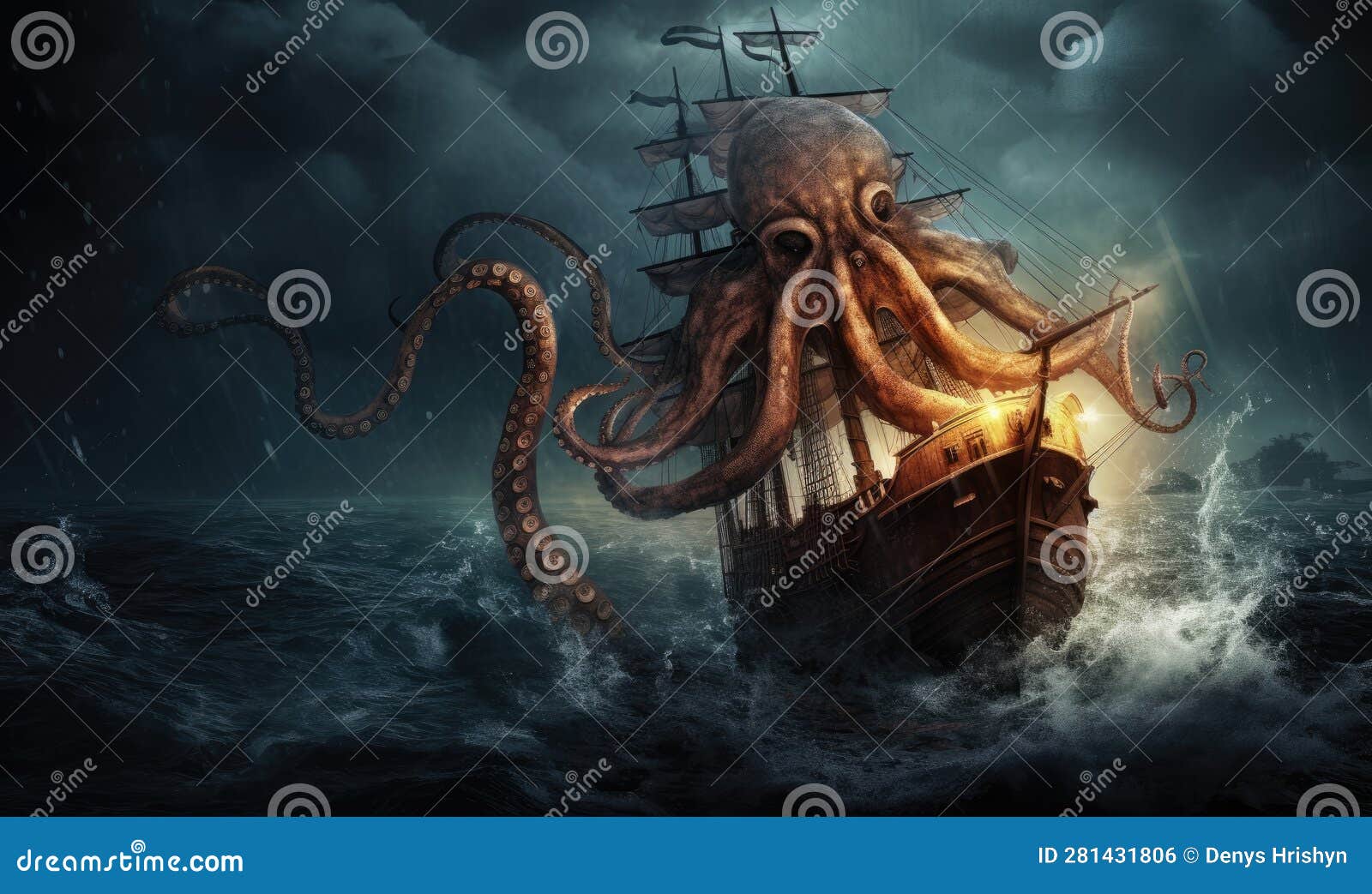 A Giant Octopus Emerges from the Depths Menacingly Wrapping Its ...