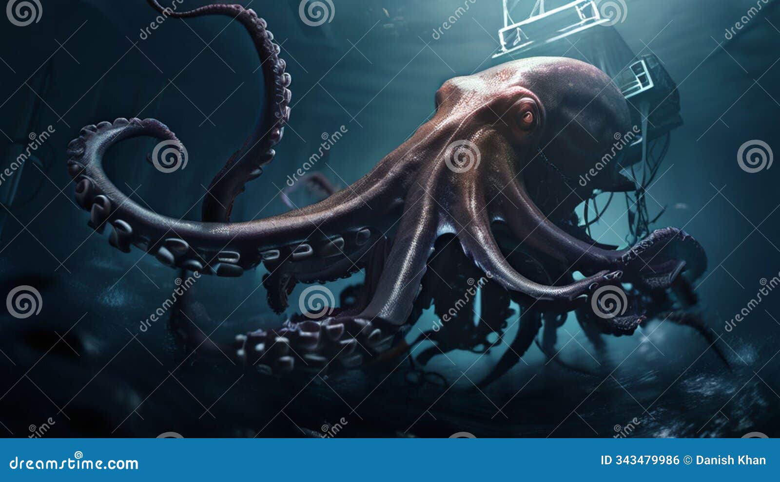 A Giant Octopus with Its Tentacles Flailing Attacking a Ship Stock ...