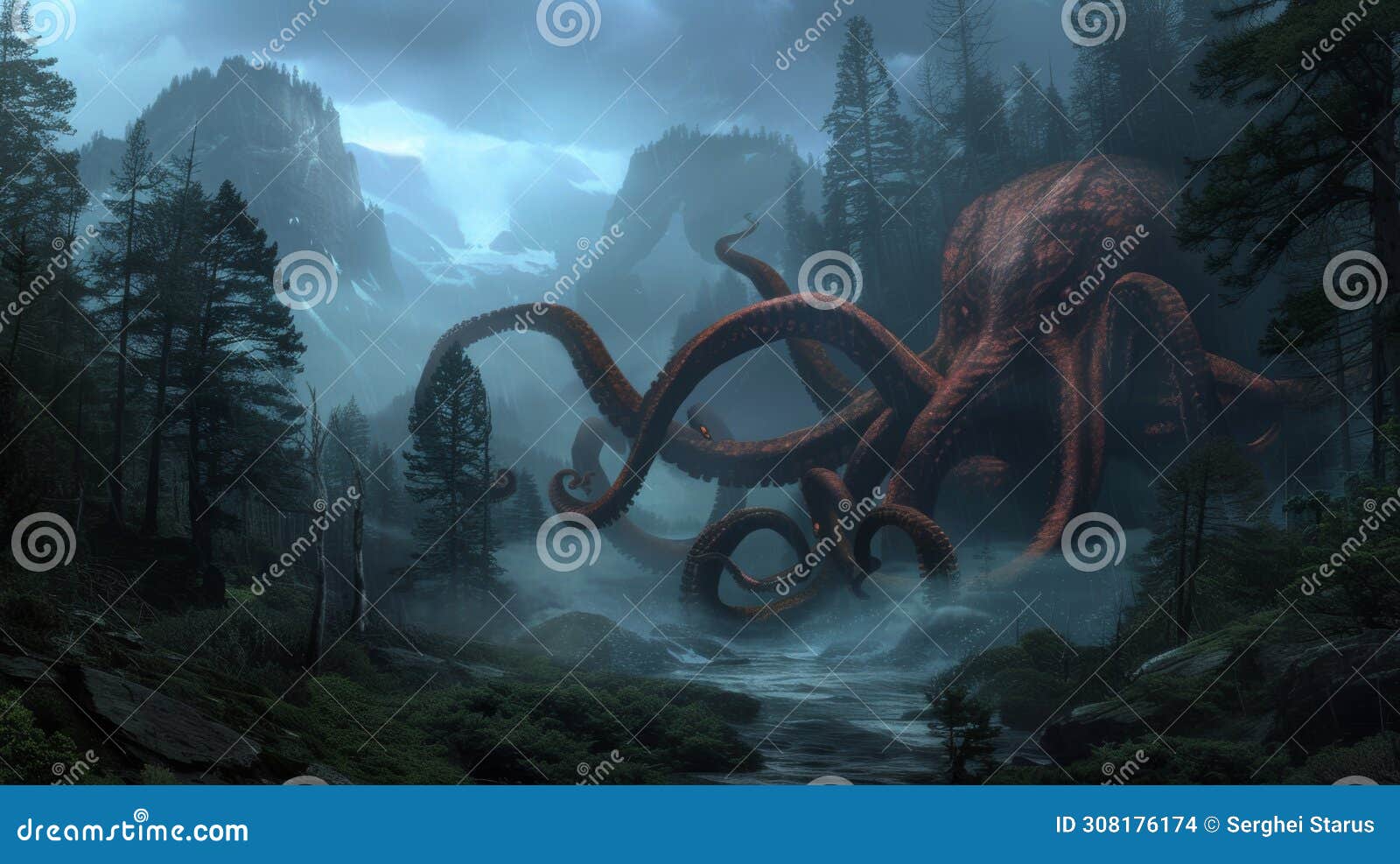 A Giant Octopus is in the Middle of a Forest with Mountains, AI Stock ...