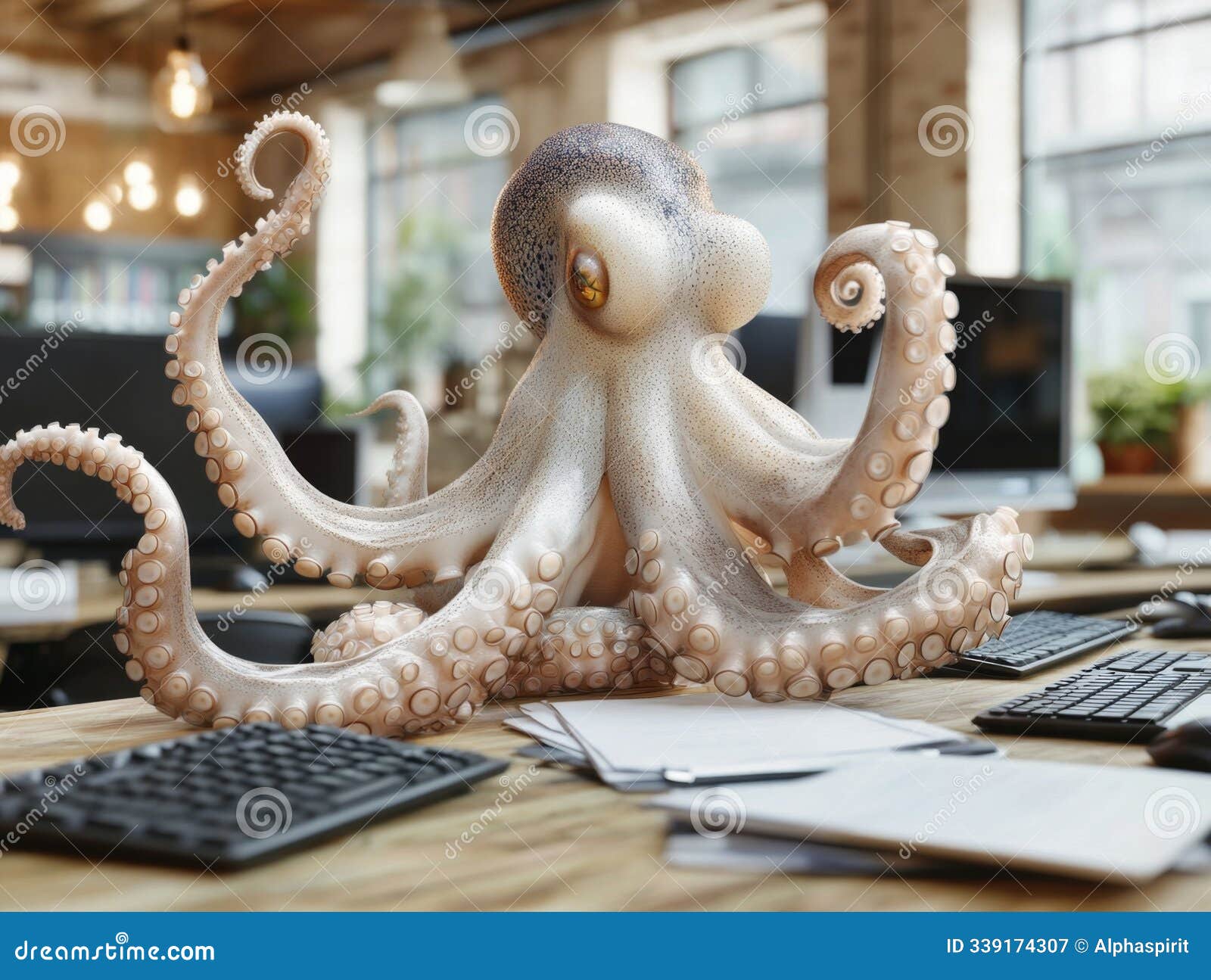 Giant Octopus Sitting at Desk in Busy Open Plan Office Stock Image ...