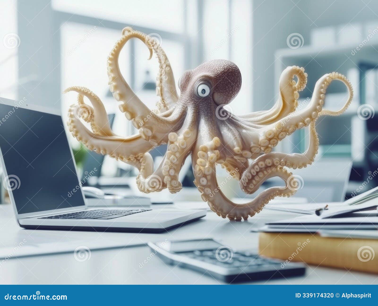 Giant Octopus Taking Over Workplace Using Laptop Computer Stock Photo ...