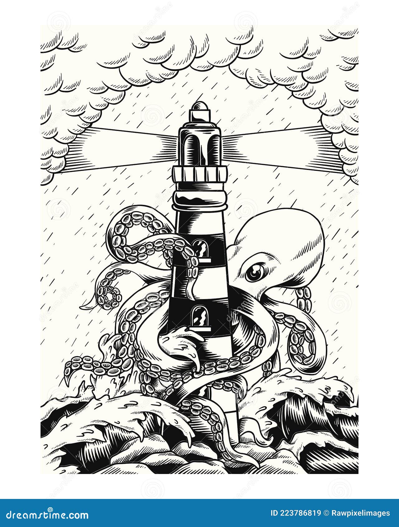 A Giant Octopus with Tentacles Wrapped Around a Lighthouse Illustration ...