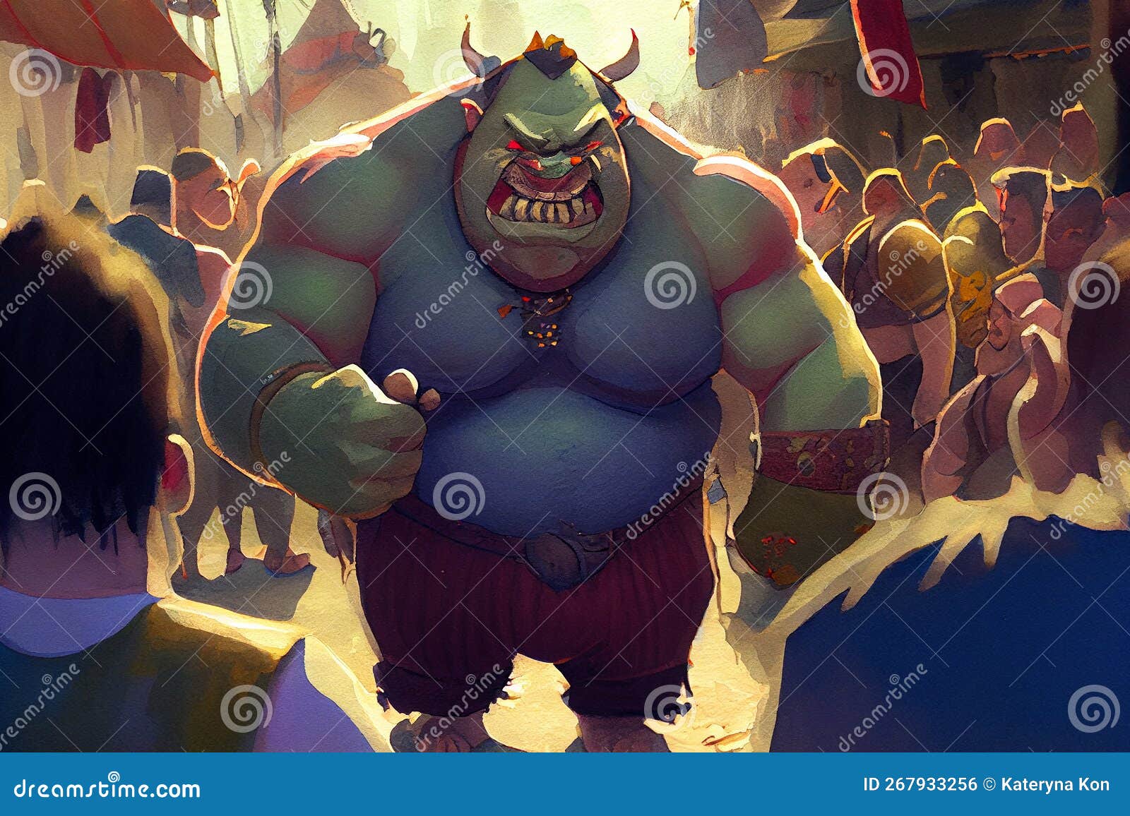 A Giant Ogre, with a Big Belly and Sharp Teeth, Threatening a Group of ...