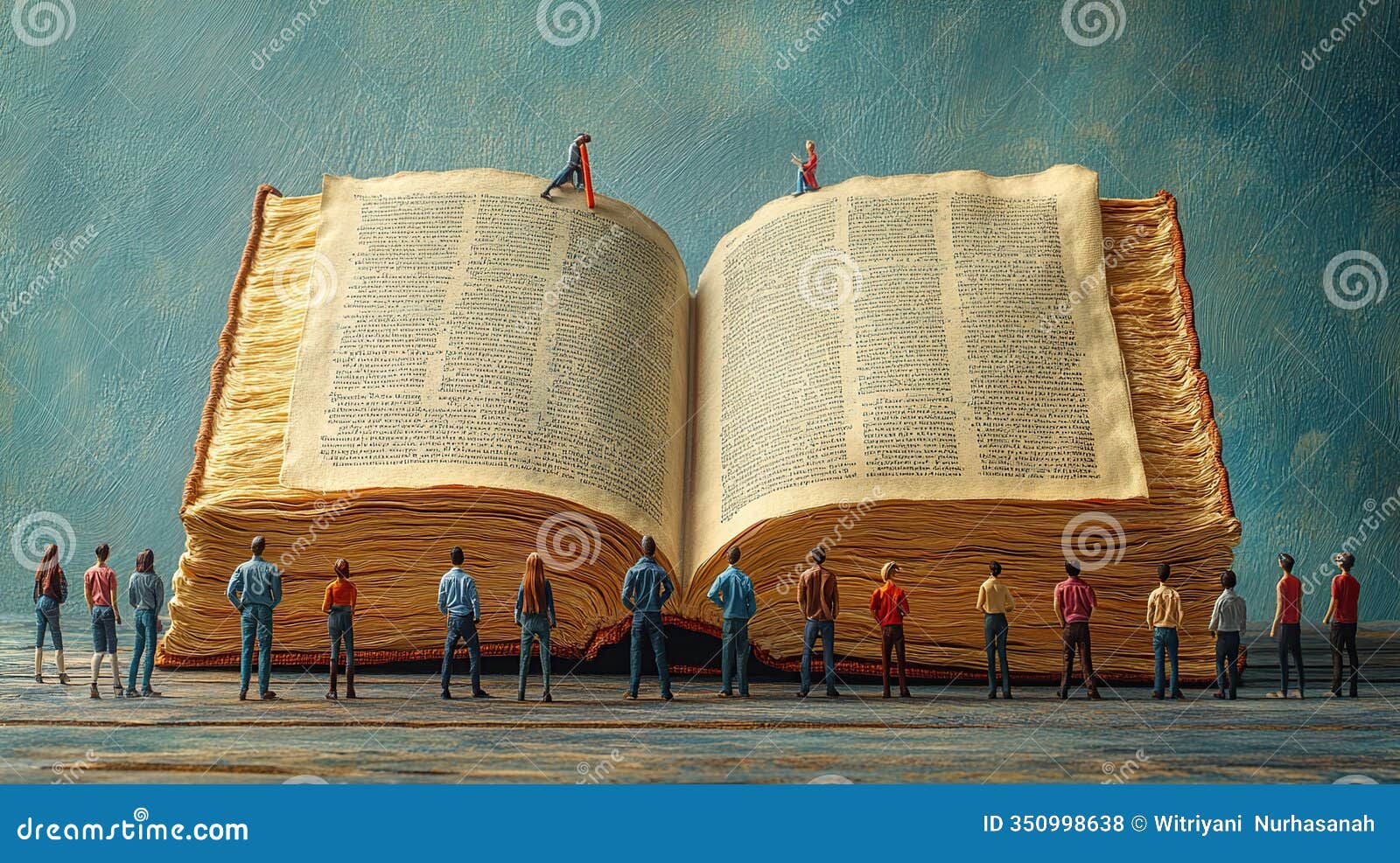 Giant Open Book With Miniature People Observing Stock Photo ...