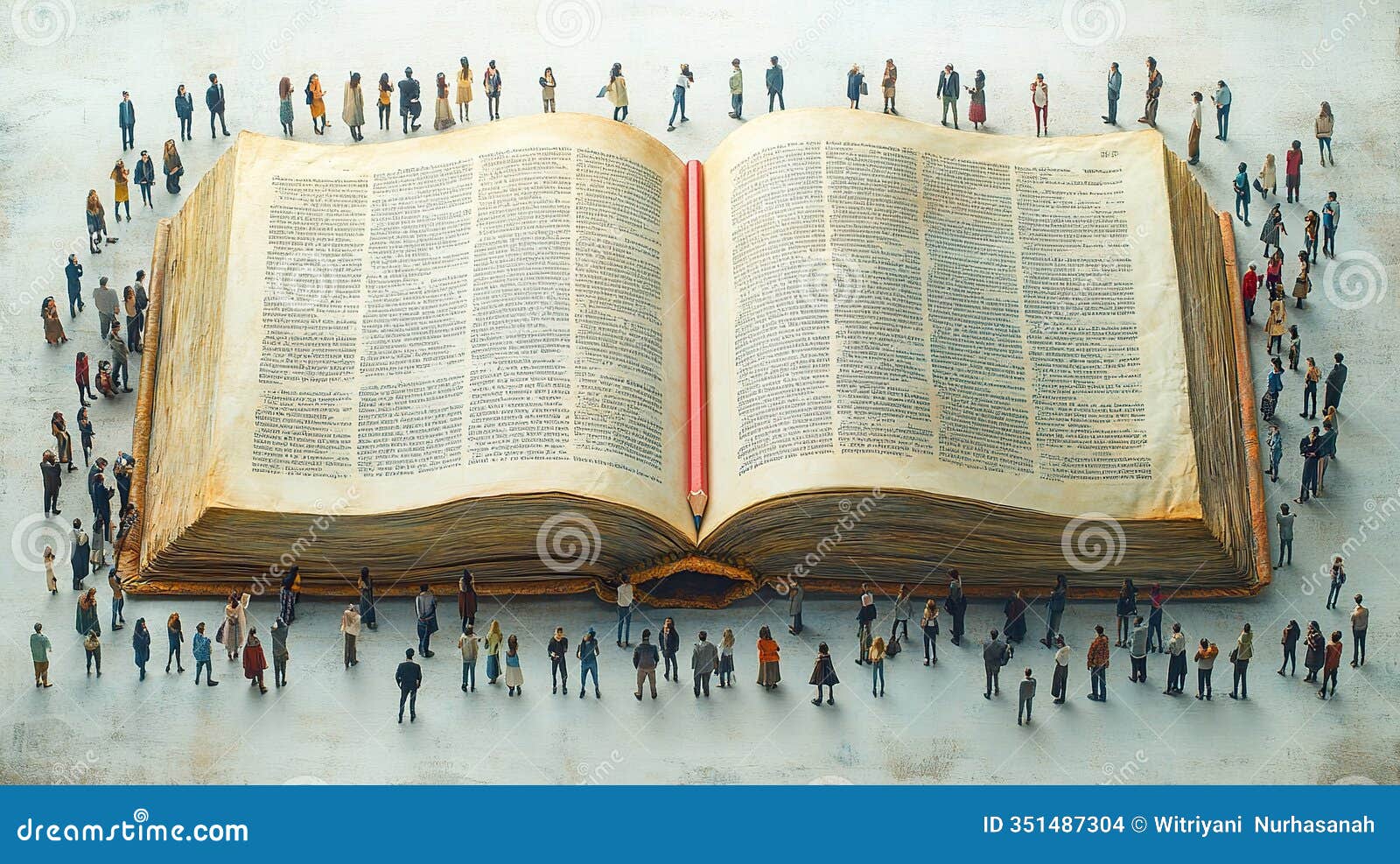 Giant Open Book With Miniature People Observing Stock Photo ...