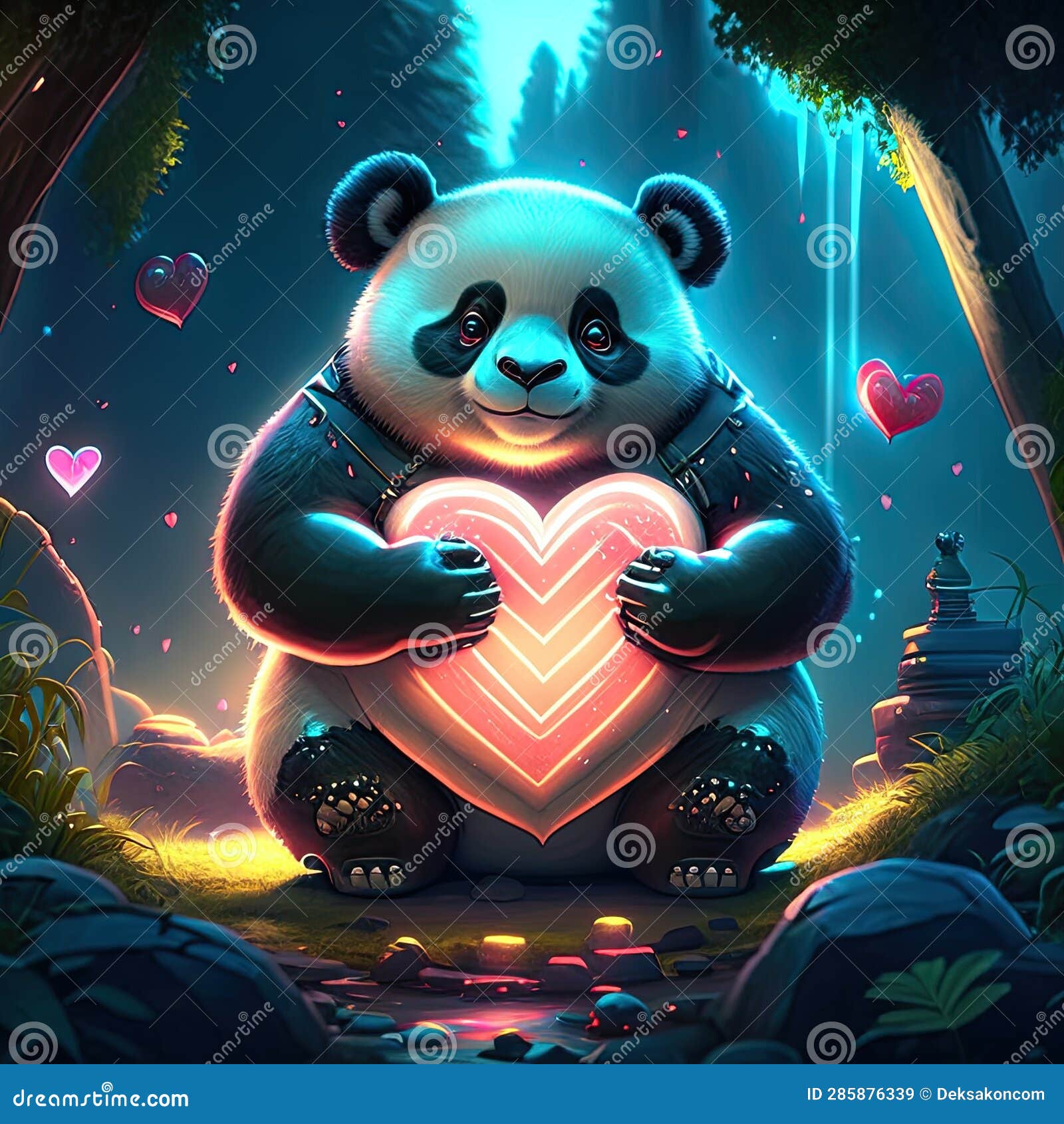 Giant Panda Hugging Heart Panda In The Forest With A Heart In His Hands