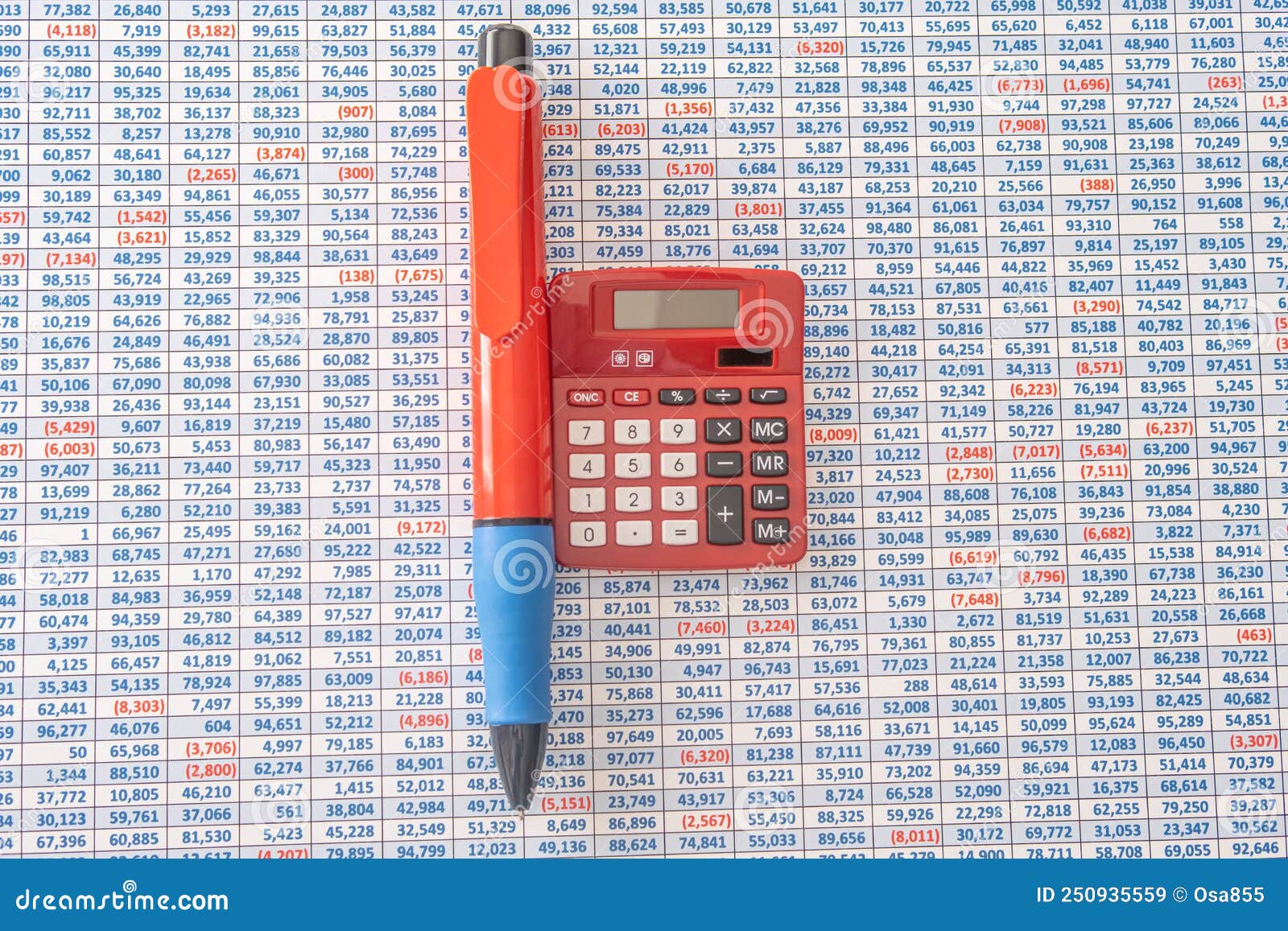 Giant Pencil and Pen with Calculator on Spreadsheet Stock Image - Image ...