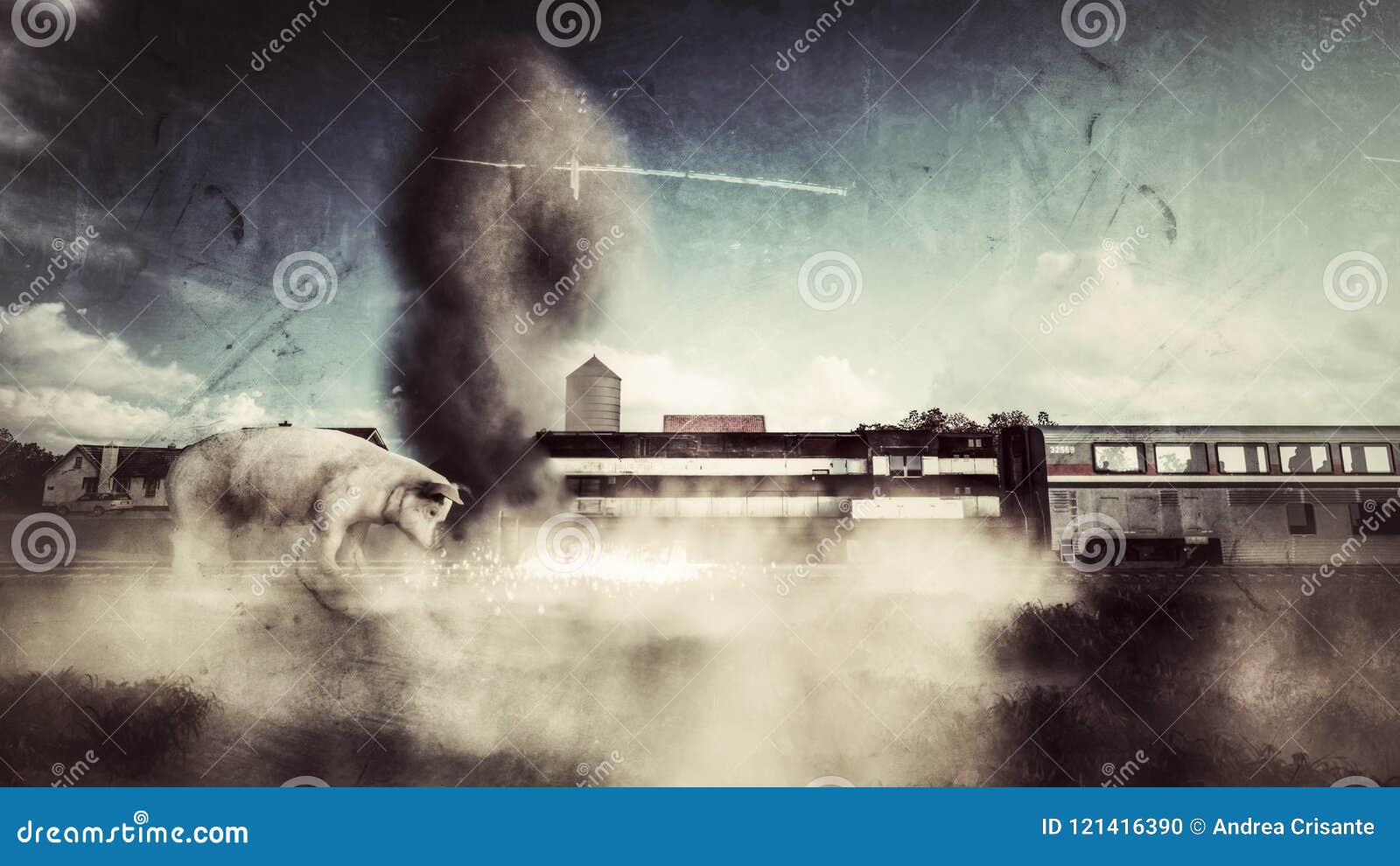 Giant Pig Smashing on a Train Stock Illustration - Illustration of ...