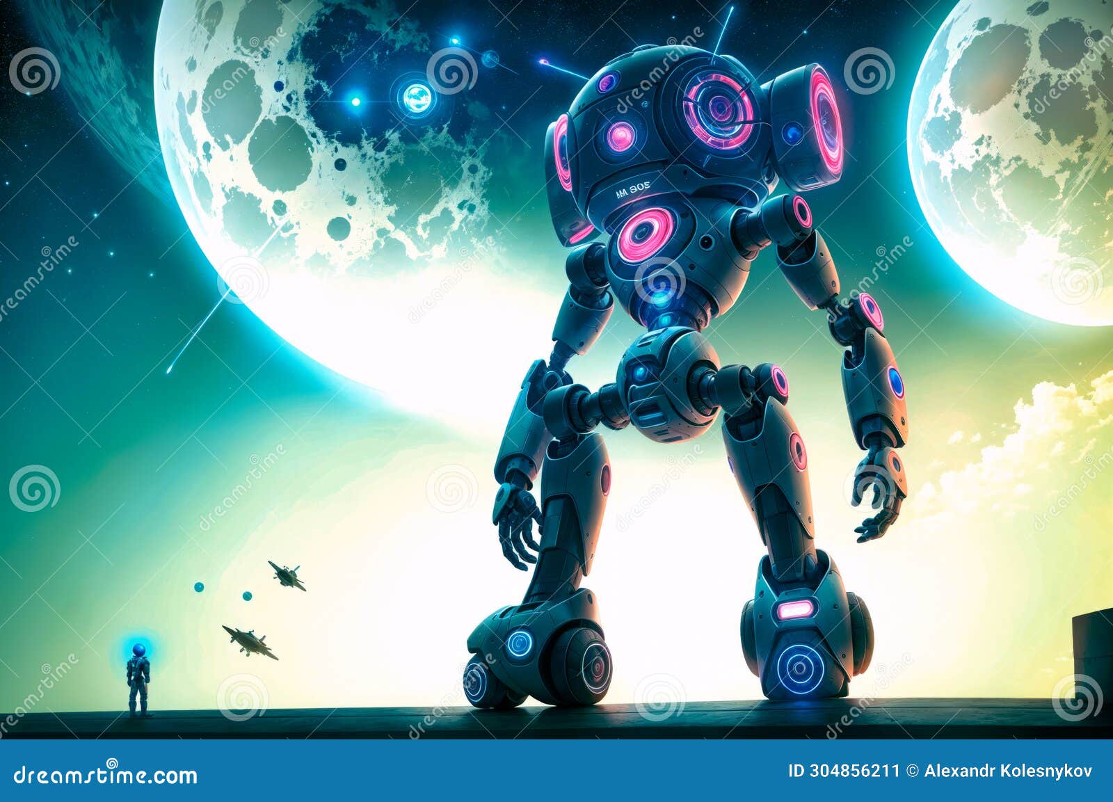 Giant Pink-Lit Robot on Ledge with Planets and Spaceships. Generative ...