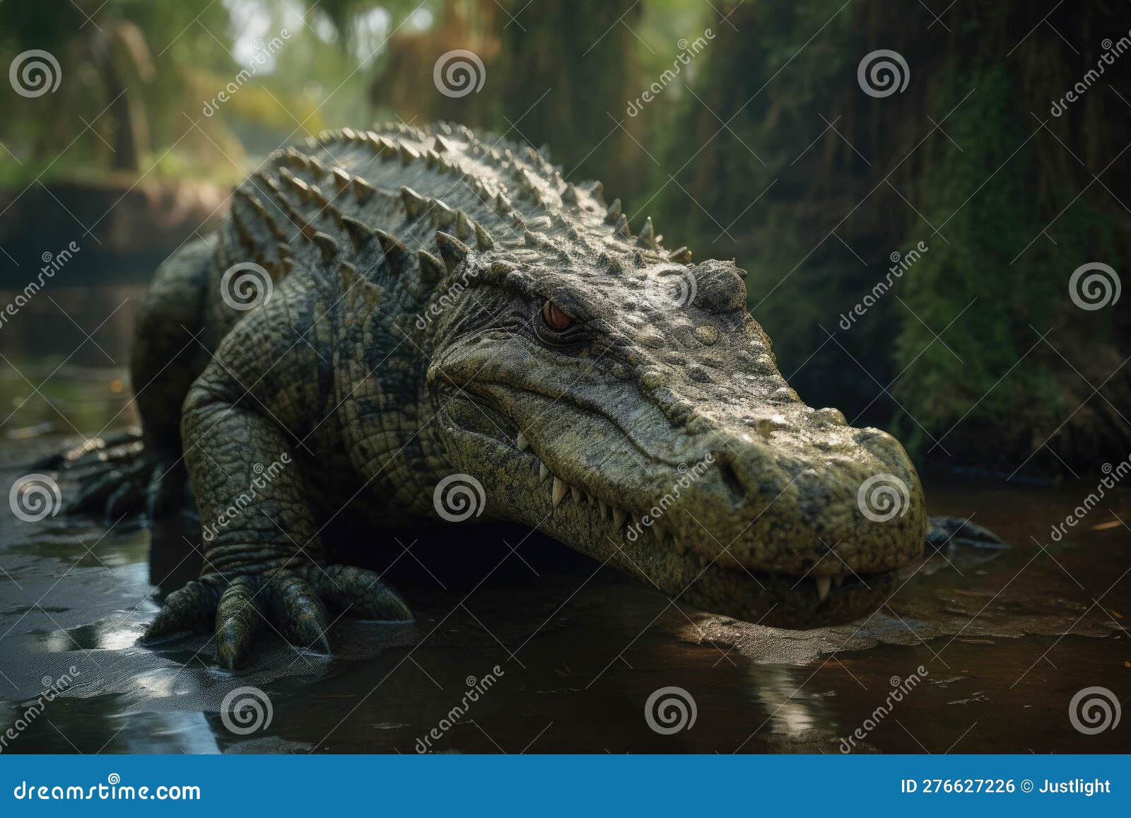 A Giant Protosuchus Its Rugged Hide Covered in Algae and Mud Scowling ...