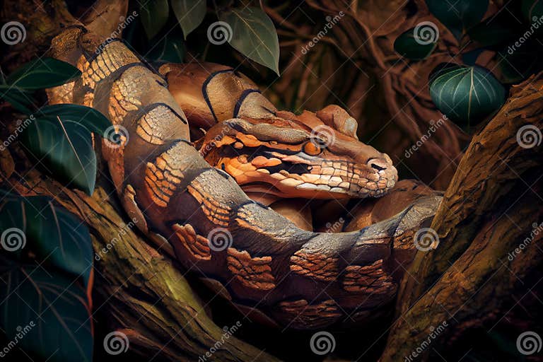 Giant Python in the Branches of a Tree. AI Generated. Stock ...