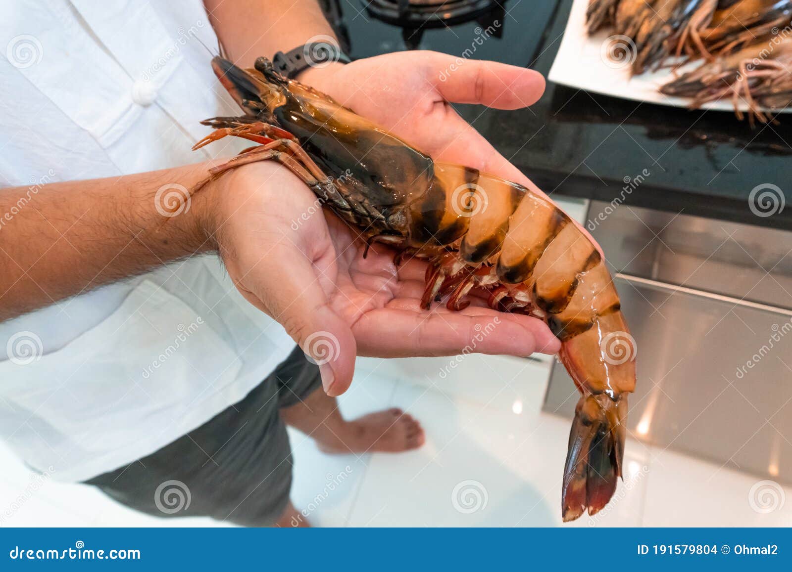 Raw Tiger Prawn Compared with Human Hand Stock Photo - Image of fresh ...