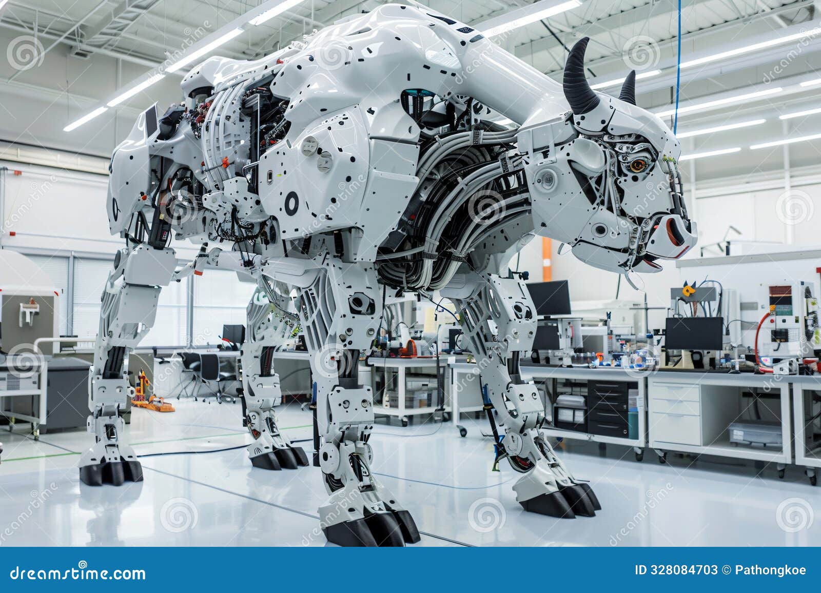 A Giant Robot Buffalo Being Assembled in a Bright, White High-tech Lab ...