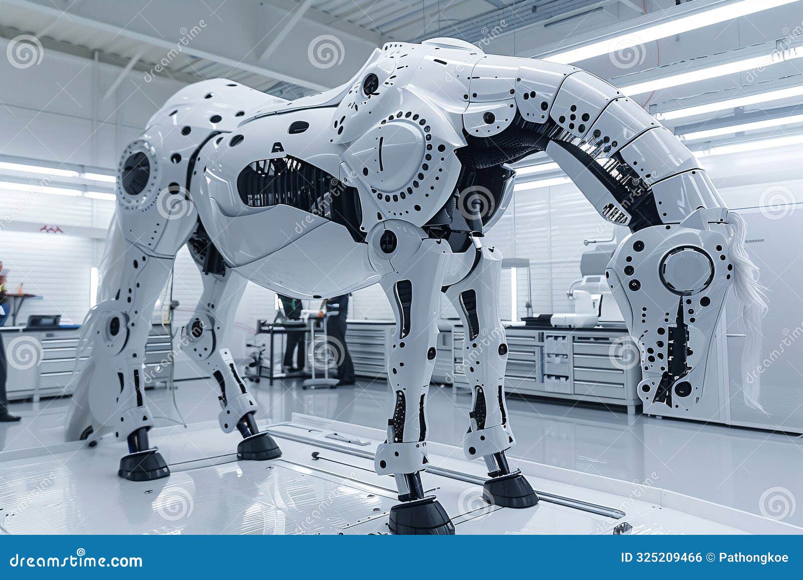 A Giant Robot Horse Being Assembled in a Bright, White High-tech Lab ...